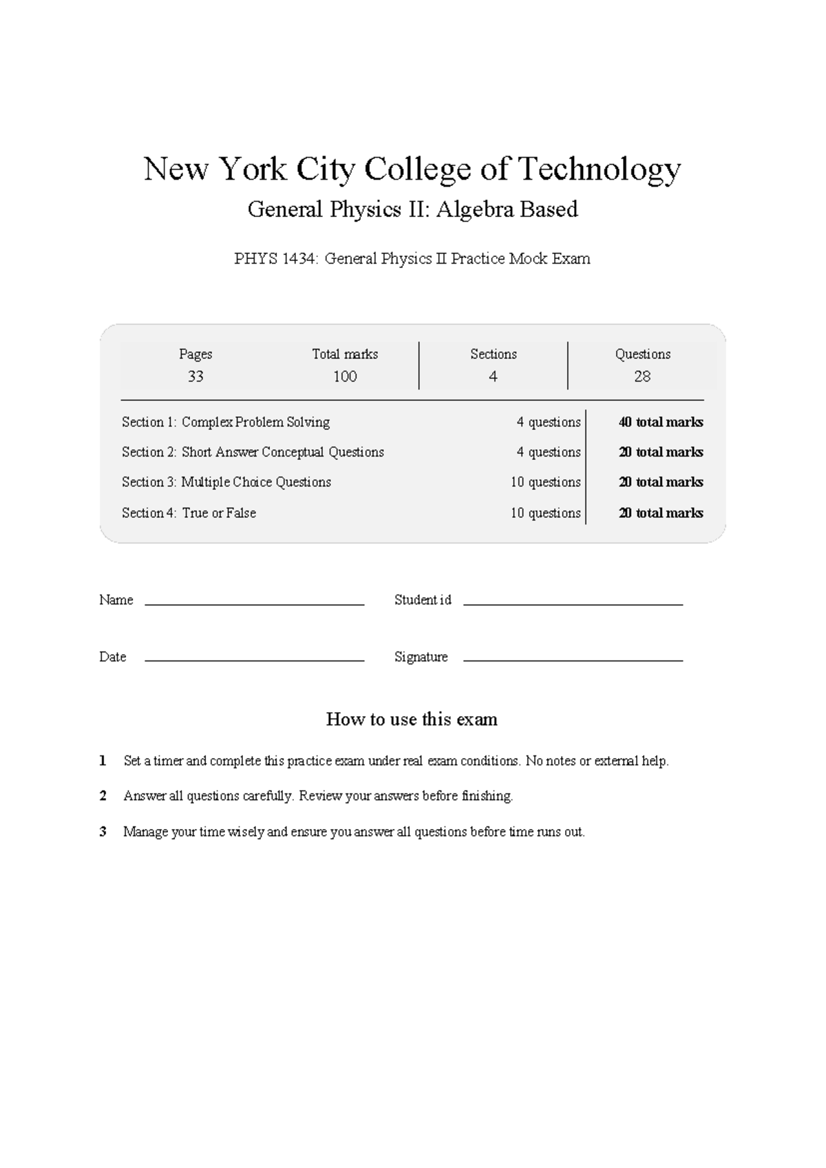 PHYS 1434: General Physics II Practice Mock Exam 2026 - Studocu