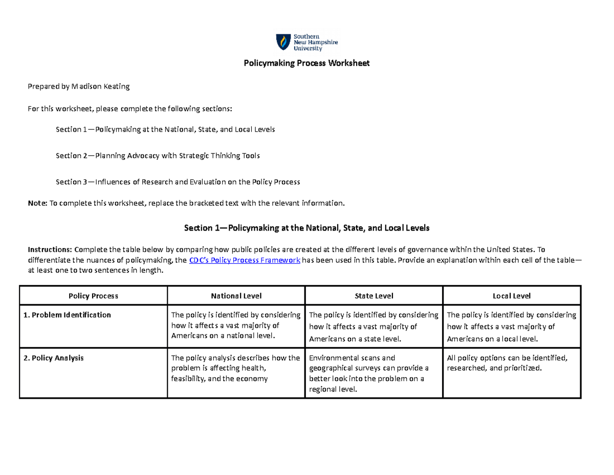 PHE 610 Policymaking Process Worksheet - Policymaking Process Worksheet ...