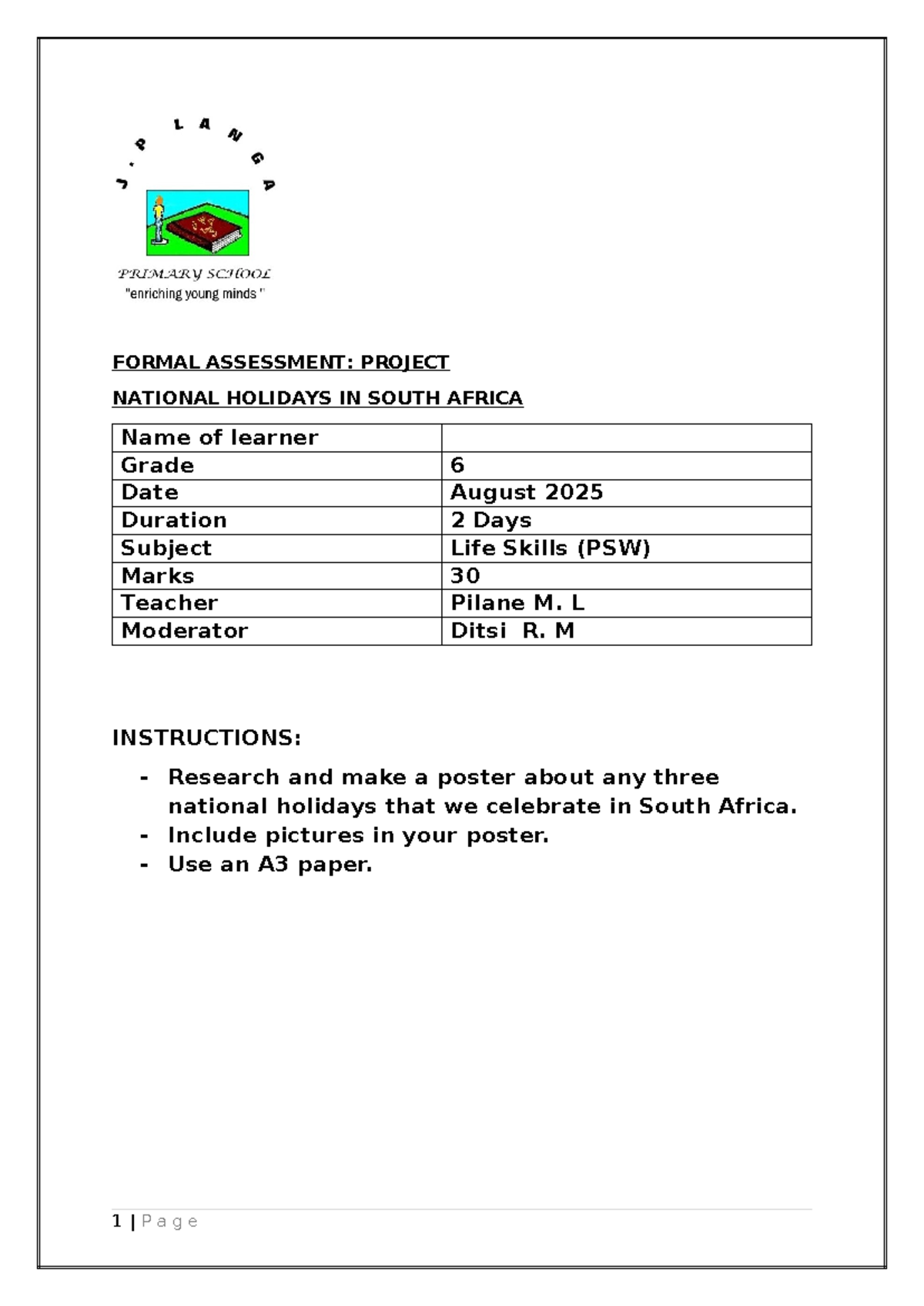 PSW Project T3: National Holidays in South Africa Poster Assignment ...