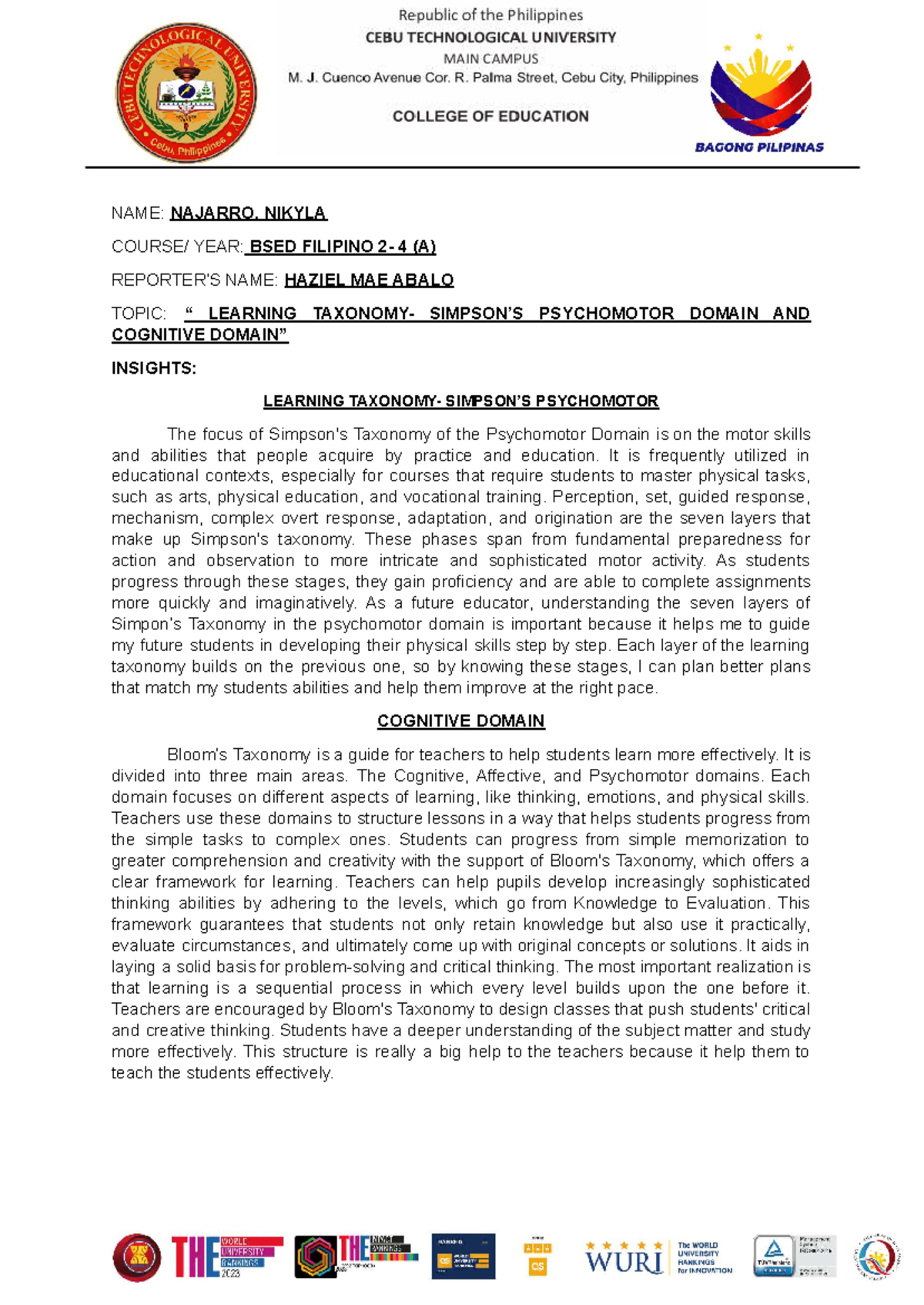 BSED FILIPINO 4 (A) Learning Psychomotor & Cognitive Insights - Studocu