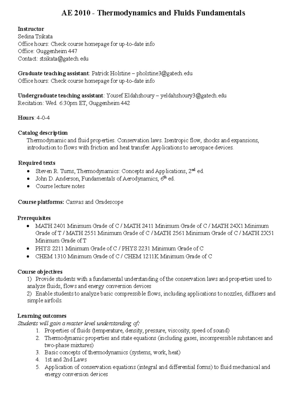 AE 2010 Thermodynamics and Fluids Fundamentals Syllabus - Fall 2025 ...