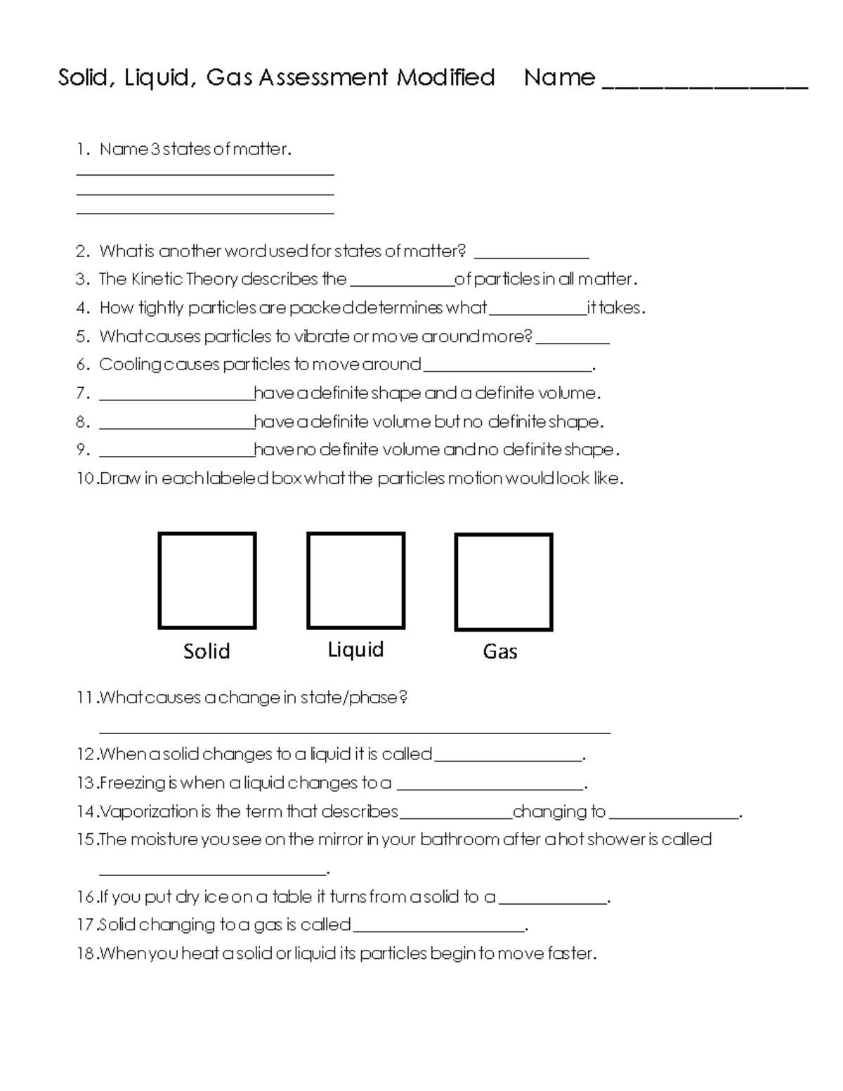 5 Evaluation - Solid Liquids and Gases Assessment - Solid, Liquid, Gas ...