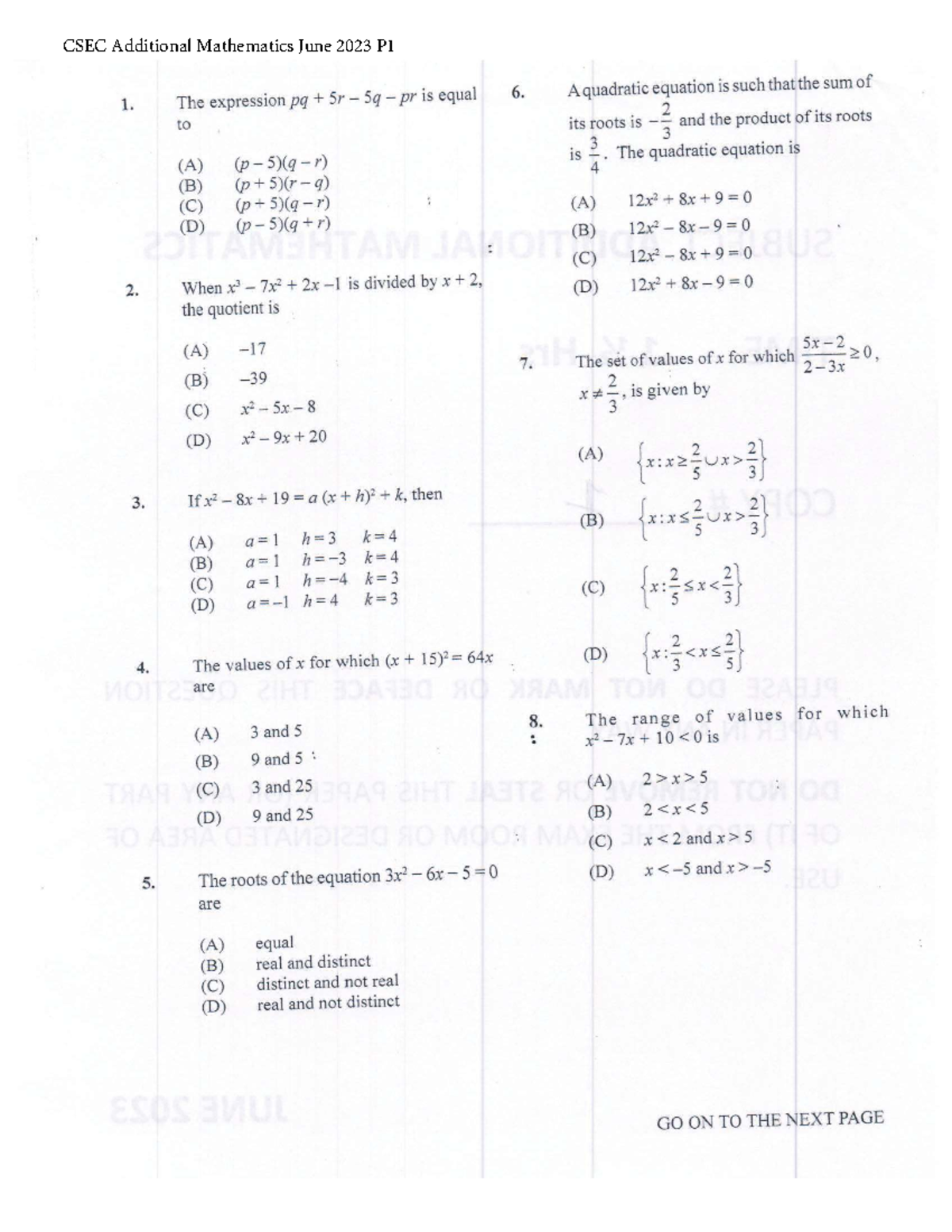 CSEC Additional Mathematics May/June 2023 Paper 1 Exam Review - Studocu
