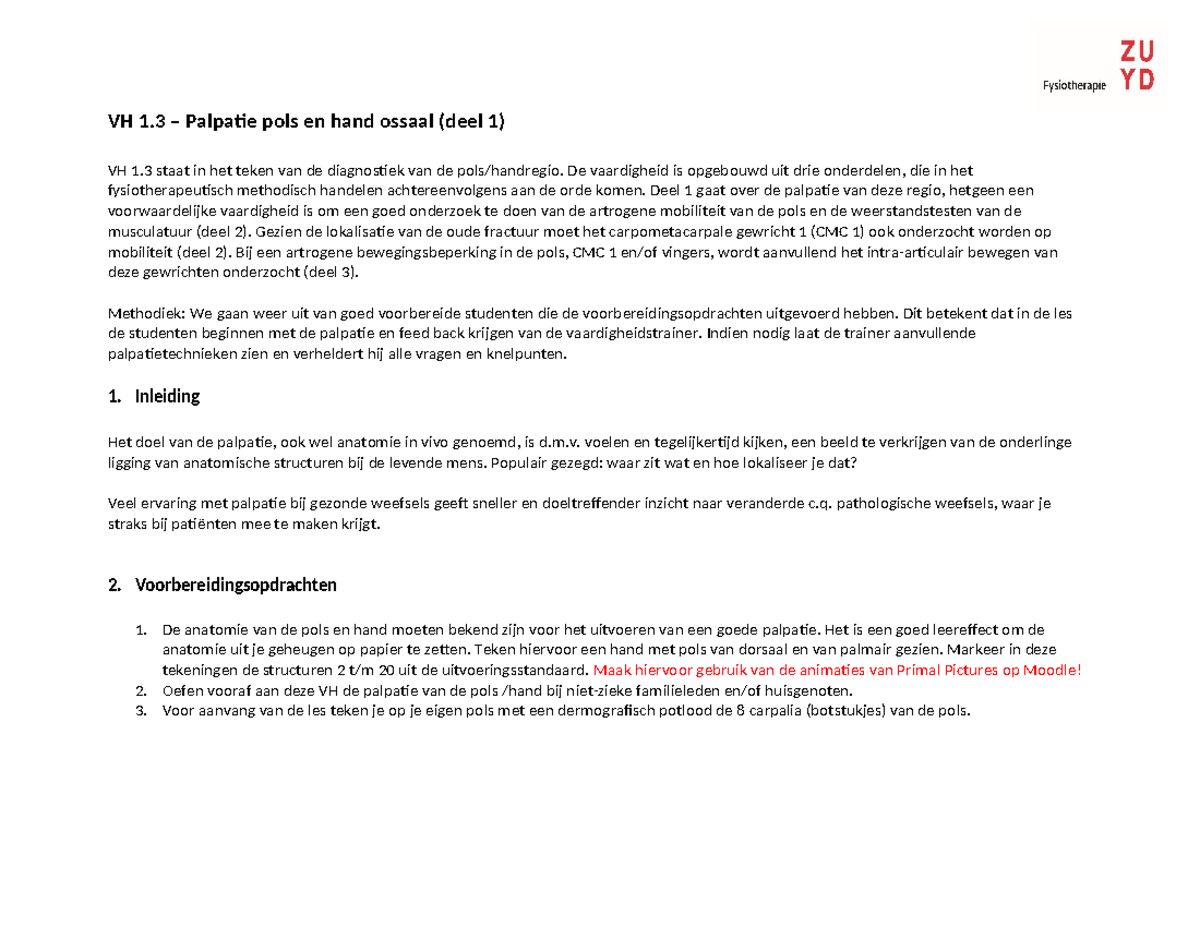VH 1.3 Deel 1: Palpatie van de Pols en Hand bij KANS - Diagnostiek en ...