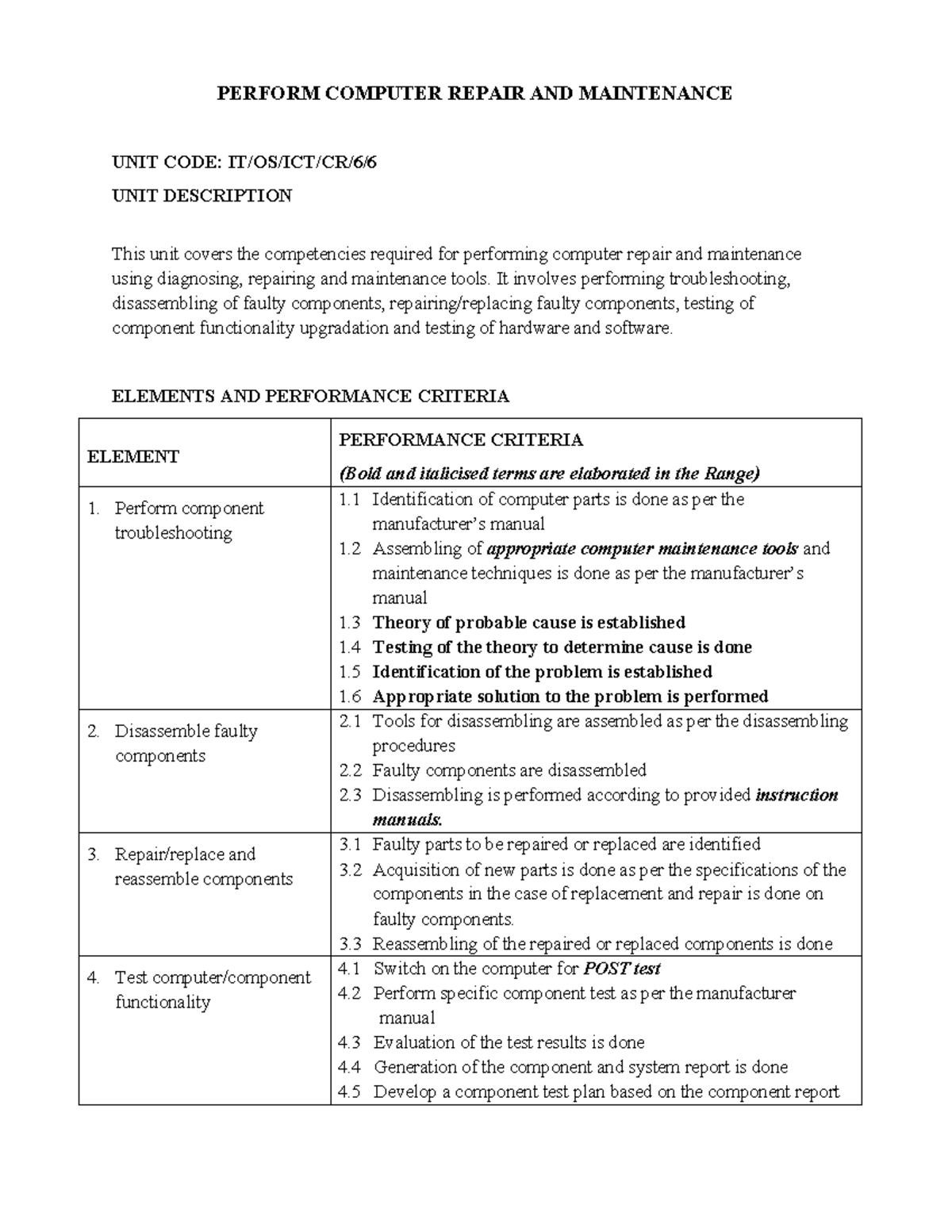 Perform Computer Repair AND Maintenance - PERFORM COMPUTER REPAIR AND MAINTENANCE UNIT CODE ...