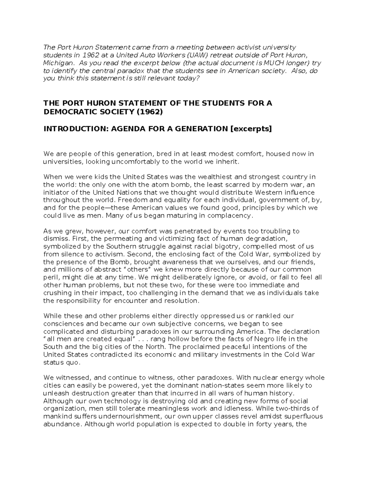 The Port Huron Statement: A 1962 Call for Democratic Change - Studocu