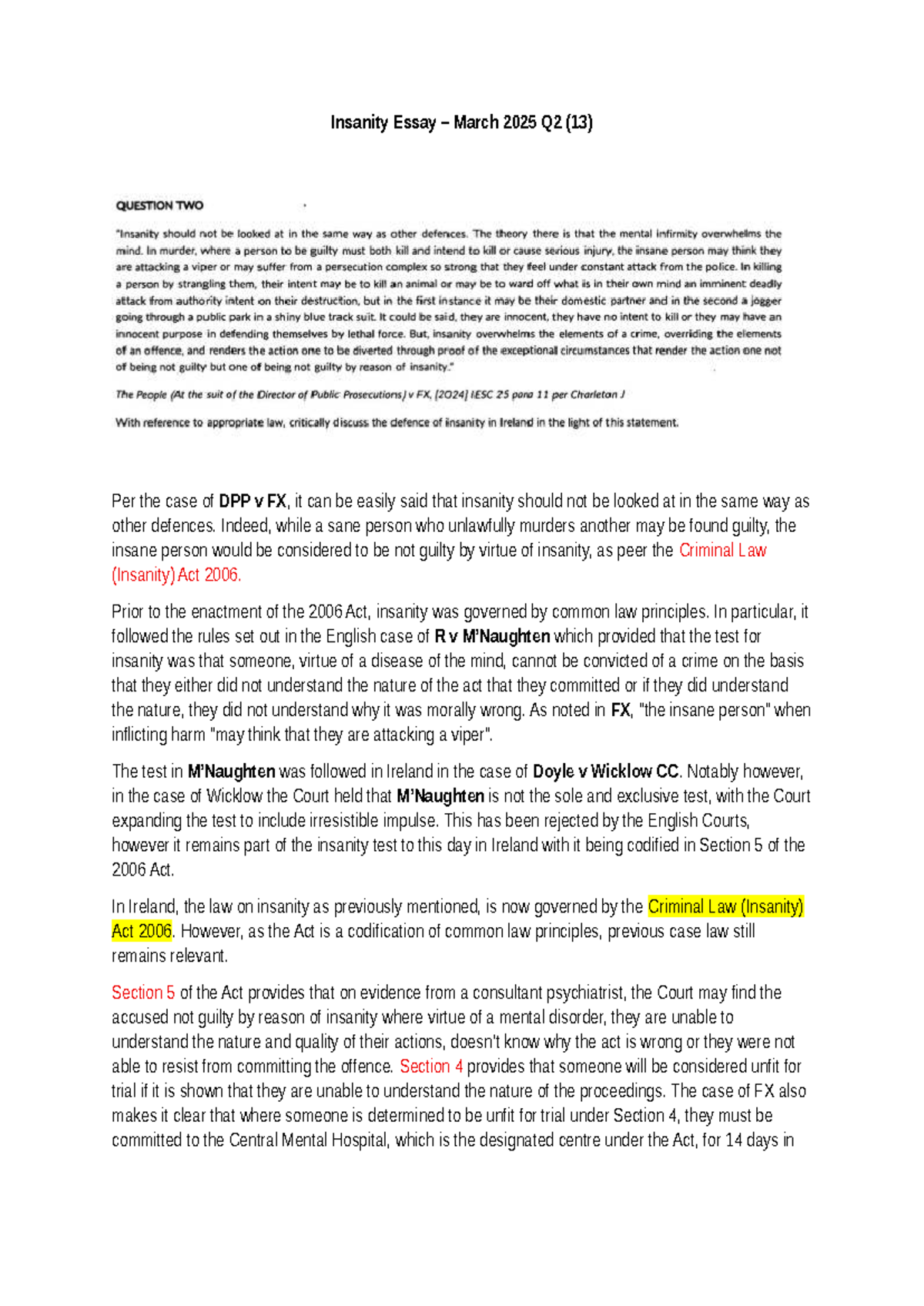 Insanity Essay (Law 2025) - Analysis of DPP v FX and Related Cases ...