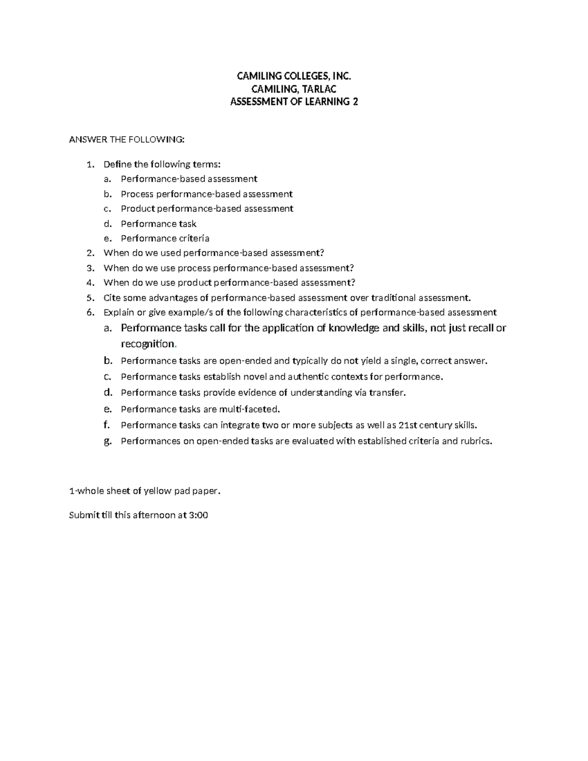 CAMILING COLLEGES, INC. ASSESSMENT OF LEARNING 2 REVIEWER - Studocu