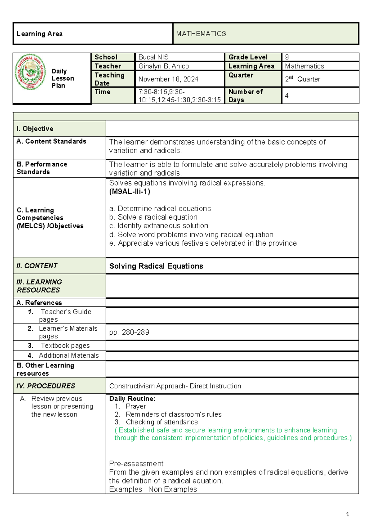 Daily Lesson Plan: Solving Radical Equations in Mathematics ...