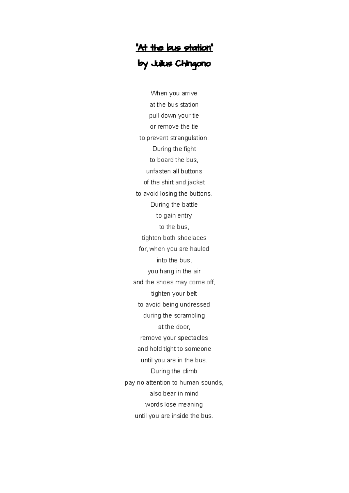 At the Bus Station: Poem Analysis of Julius Chingono - Studocu