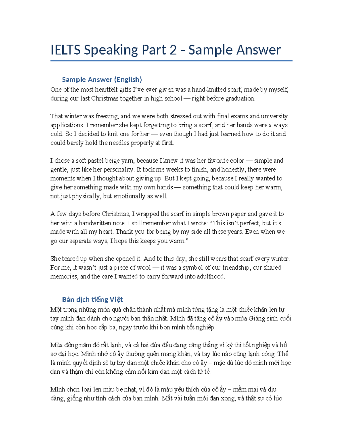 IELTS Speaking Part 2: Heartfelt Gift Story Sample Answer - Studocu
