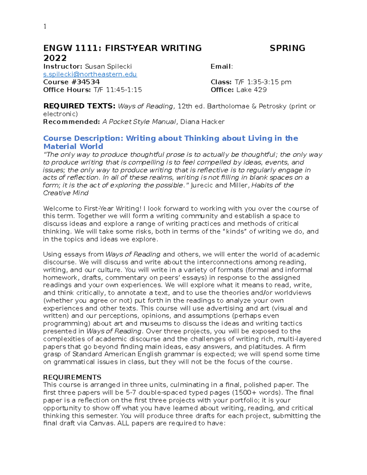ENGW 1111 Course Syllabus: First-Year Writing Spring 2022 - Studocu