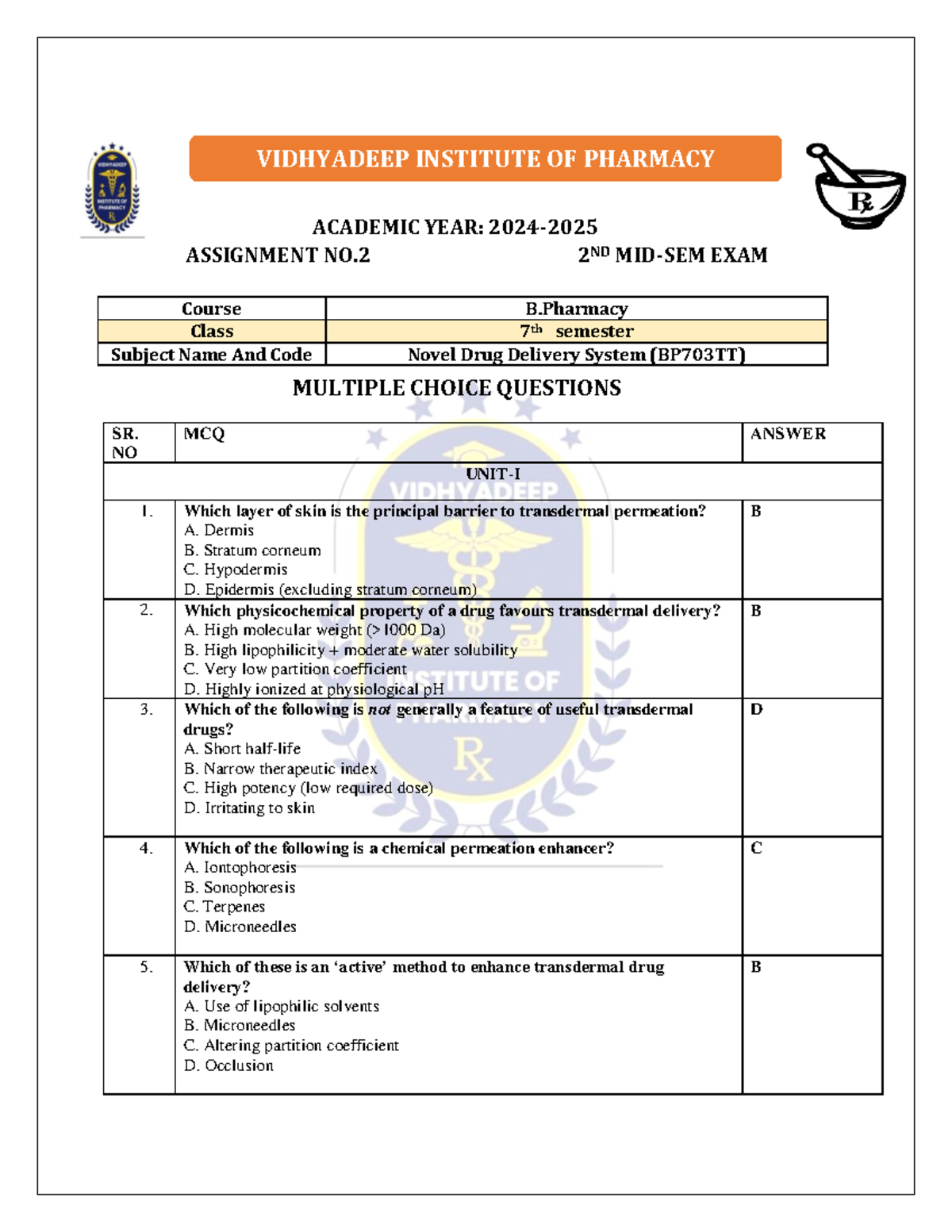 NDDS Question Bank Midterm (BP703TT) - B.Pharmacy 7th Sem - Studocu