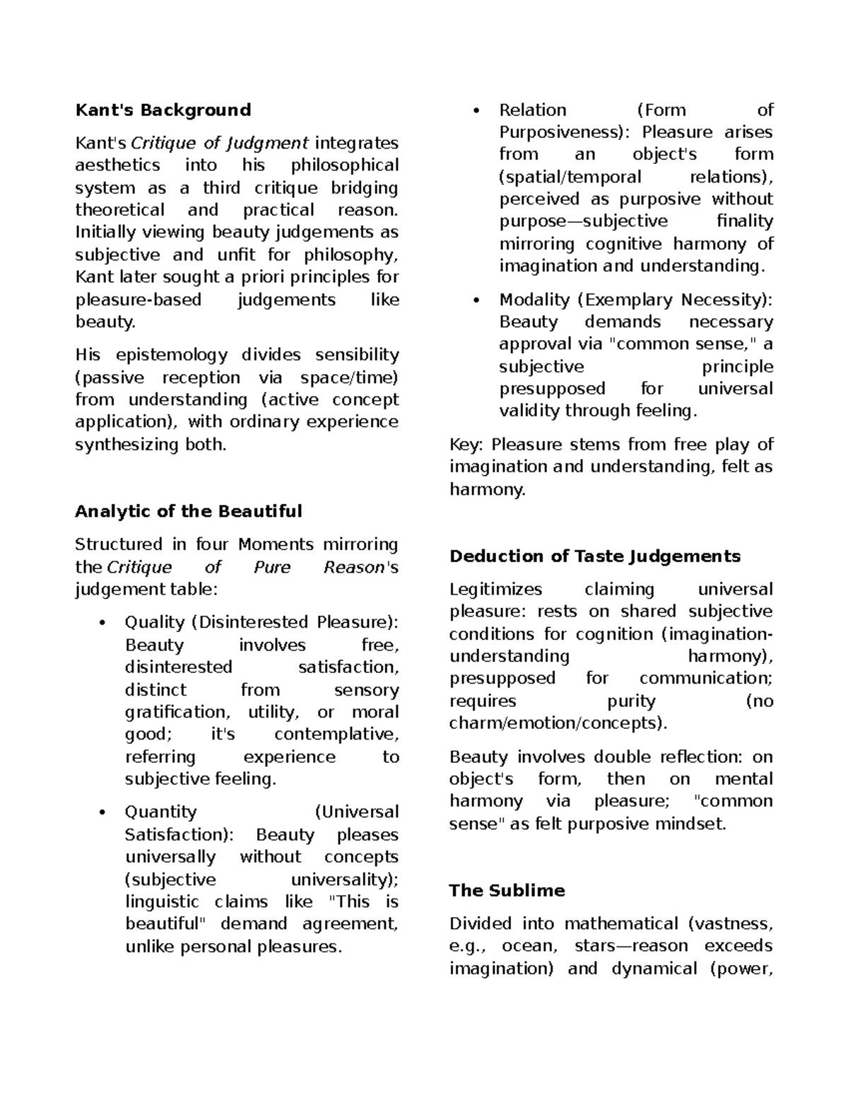Immanuel Kant - Discussion Notes on Aesthetics and the Sublime - Studocu