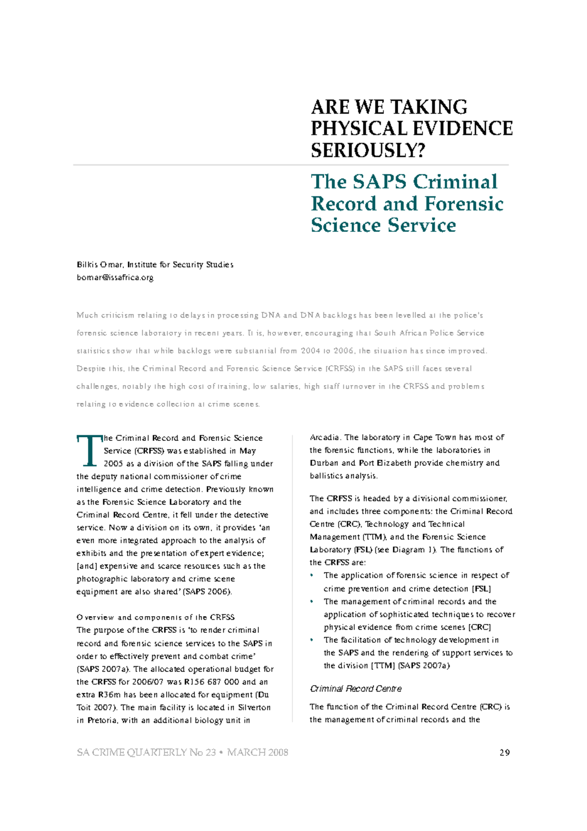 Omar 2008: Evaluating the SAPS Forensic Science Service Challenges ...