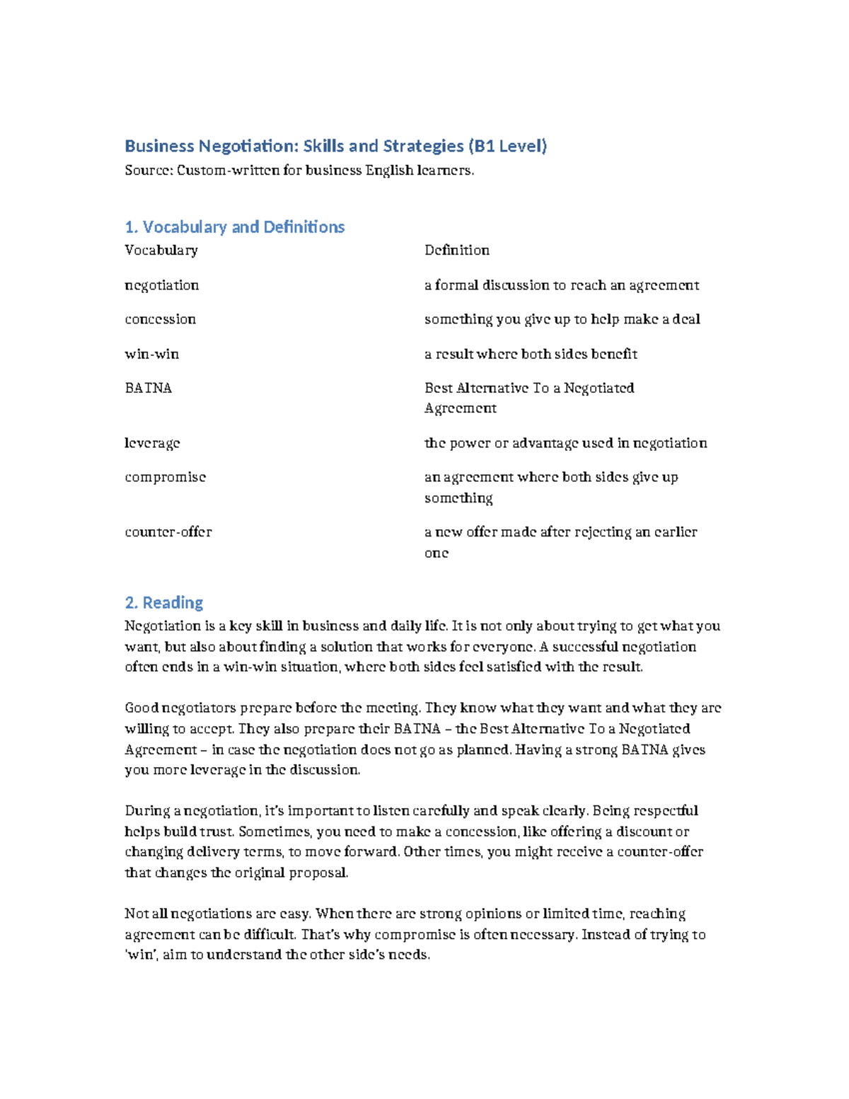 Business Negotiation Skills & Strategies (B1 Level) - Studocu