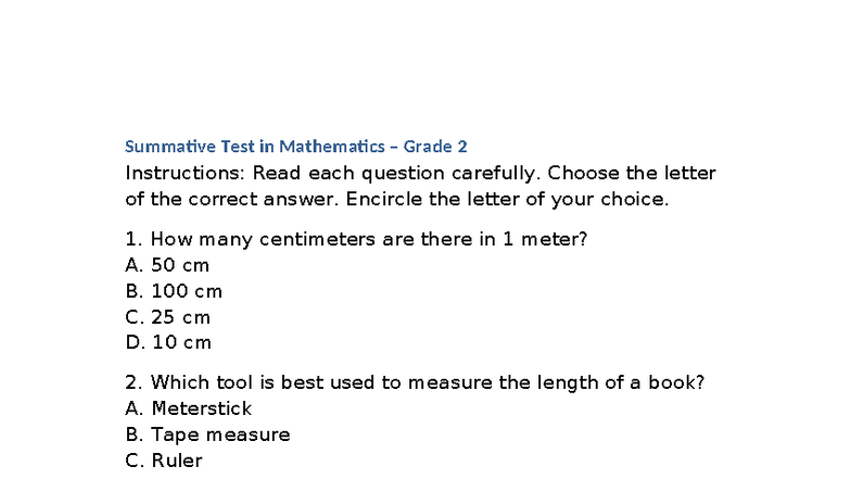 Summative Test MATH2: Grade 2 Measurement Concepts - Studocu