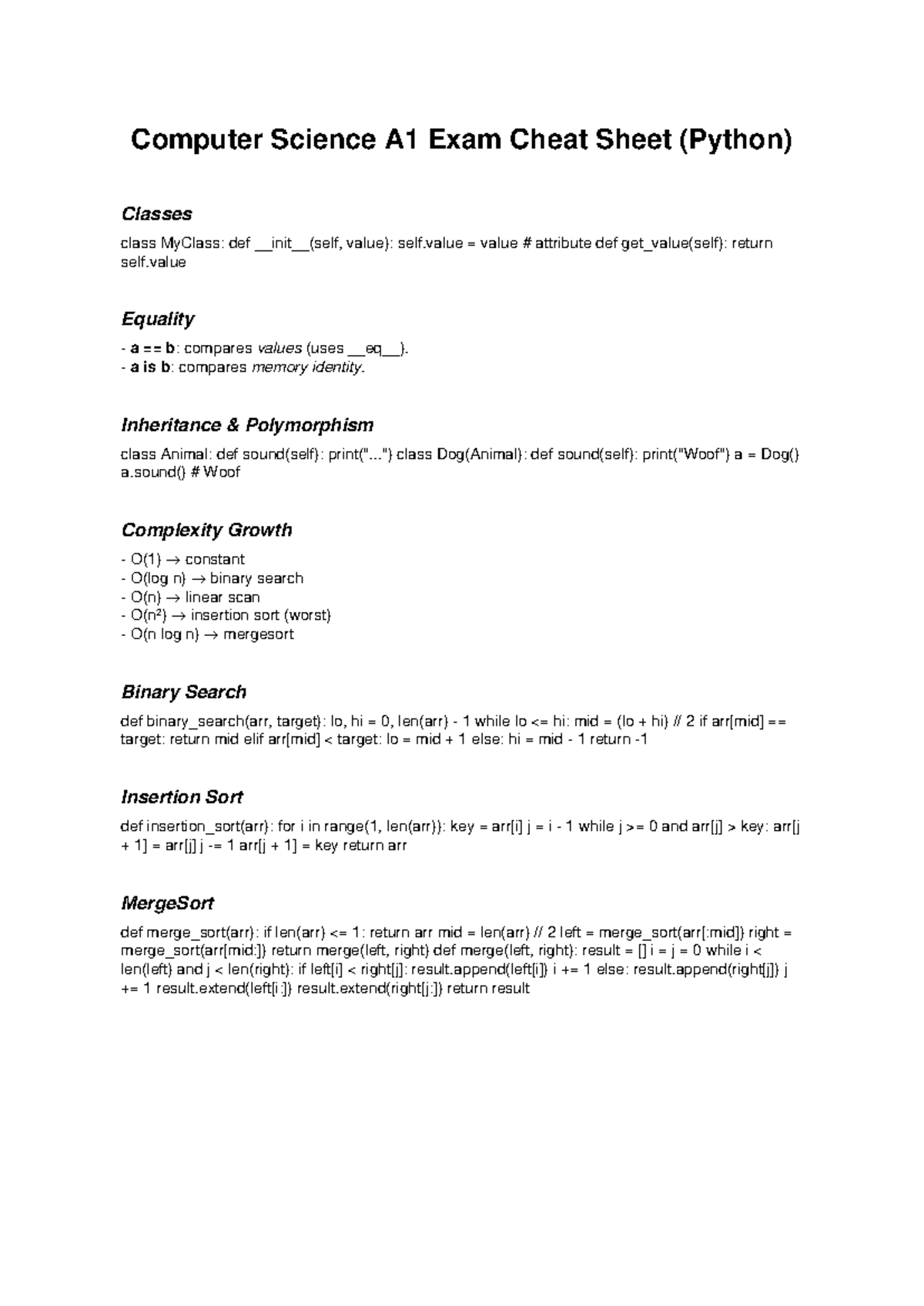 Computer Science A1 Exam Cheat Sheet Summary (Python) - Studocu