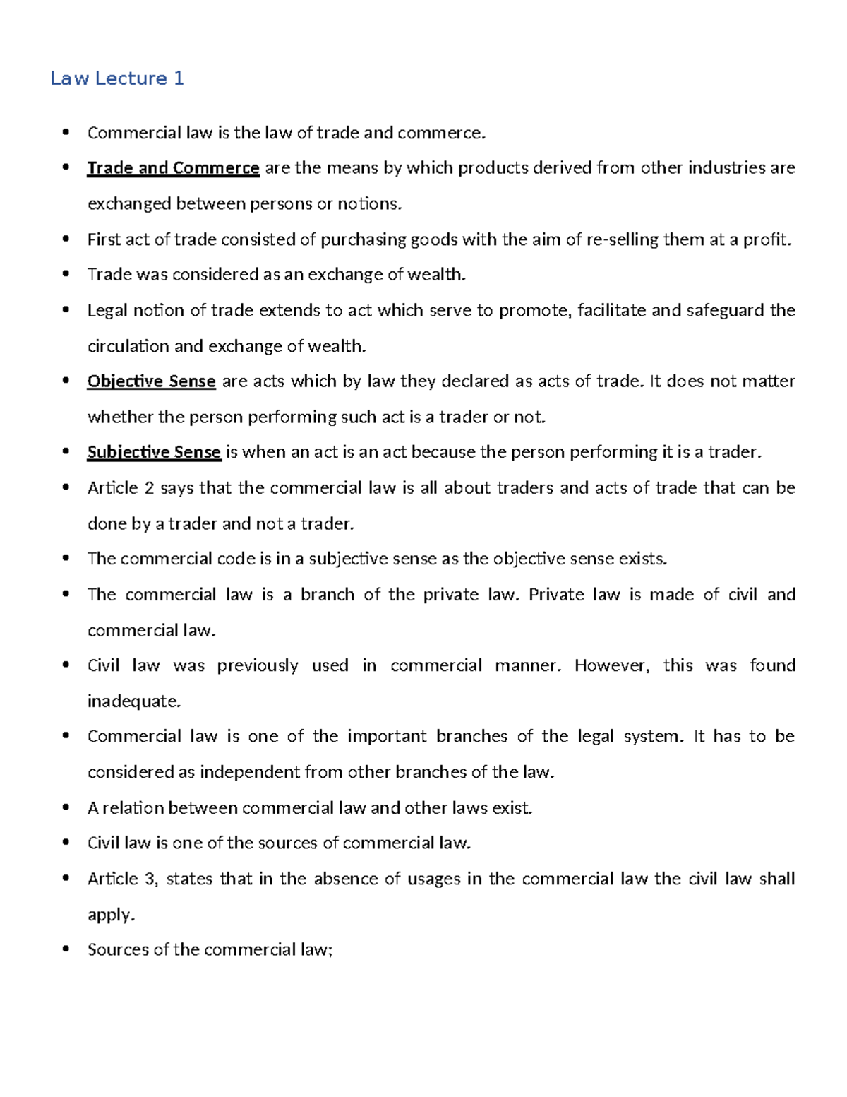 Short Notes on Commercial Law (LAW 101) - Lecture 1 to 10 Overview ...