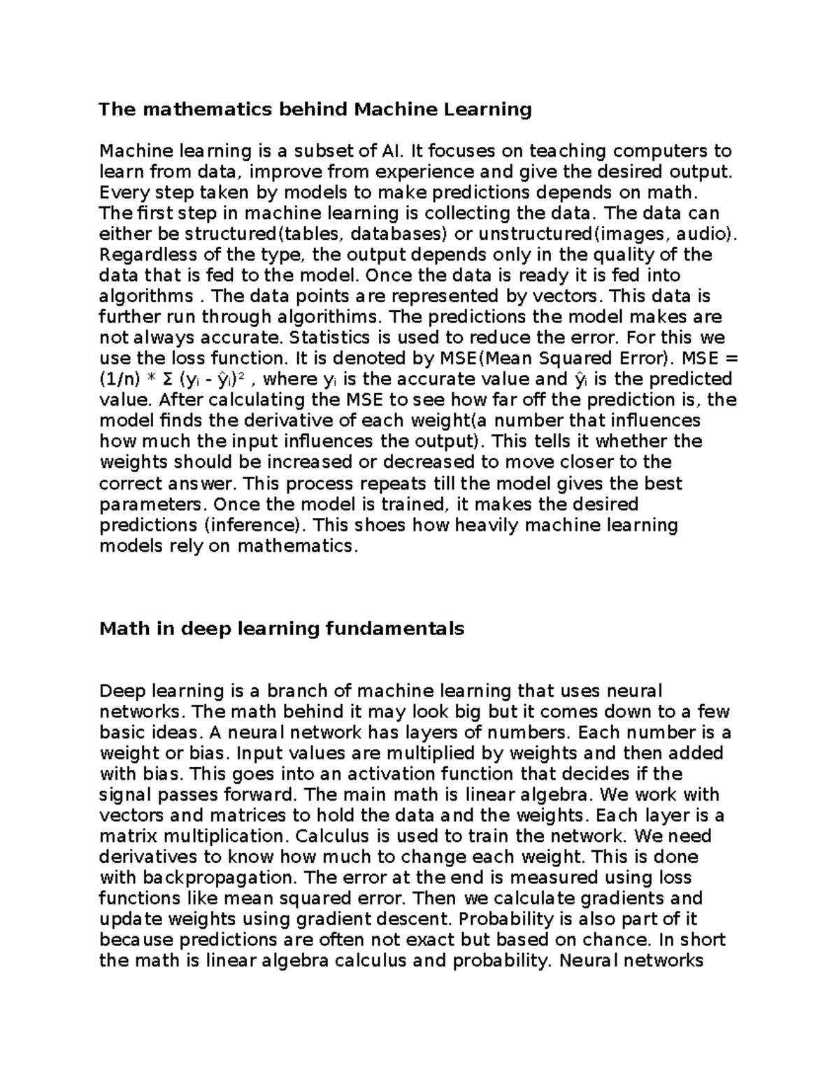 Mathematics in Machine Learning: Concepts & Applications (093dxq) - Studocu