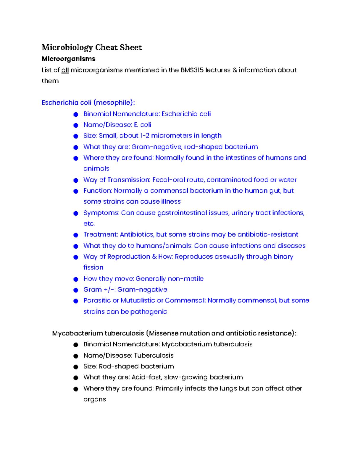 BMS315 Microbiology Final Exam Cheat Sheet: Microorganism Overview ...