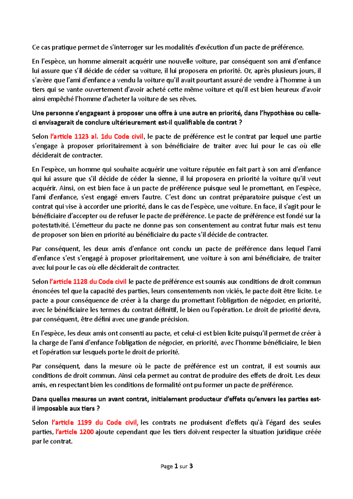 cas pratique sur le pacte de préférence - Droit civil - contrats ...