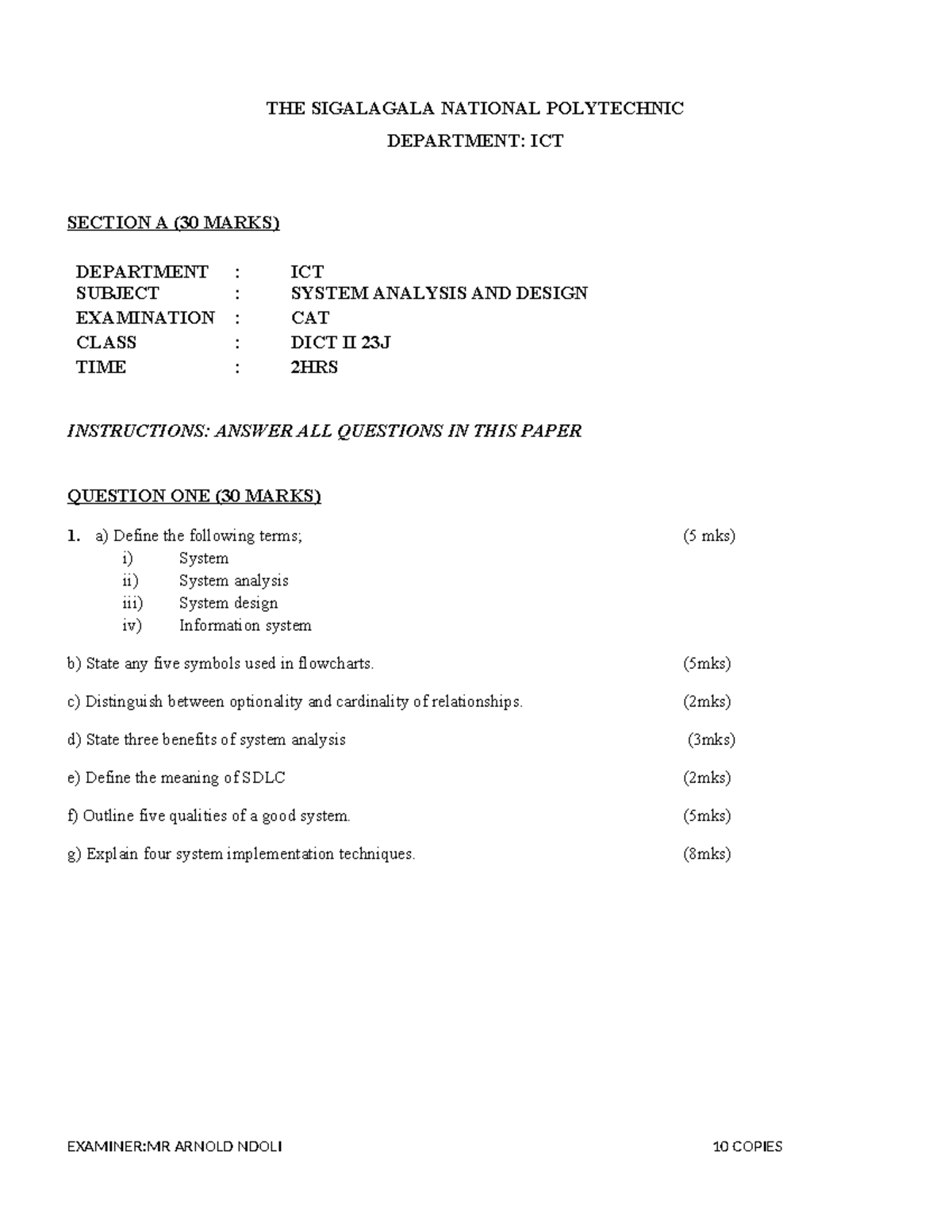 ICT 23J CAT II: System Analysis and Design Exam Notes - Studocu