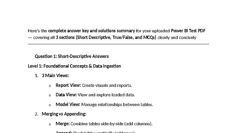 Power BI Test PDF Answer Key & Solutions Summary - Studocu