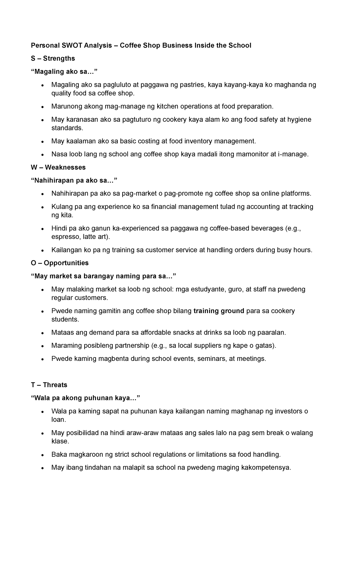 Personal SWOT Analysis for Coffee Shop Business (School) - Studocu