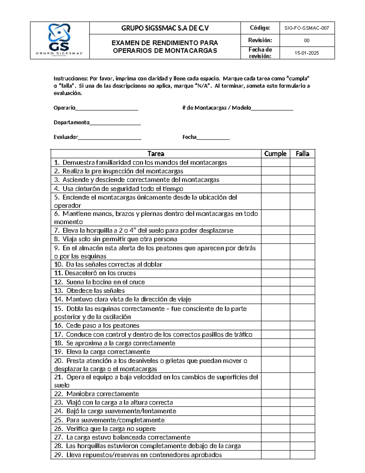 Examen de Rendimiento para Operarios de Montacargas - Código: EXAMEN - Studocu