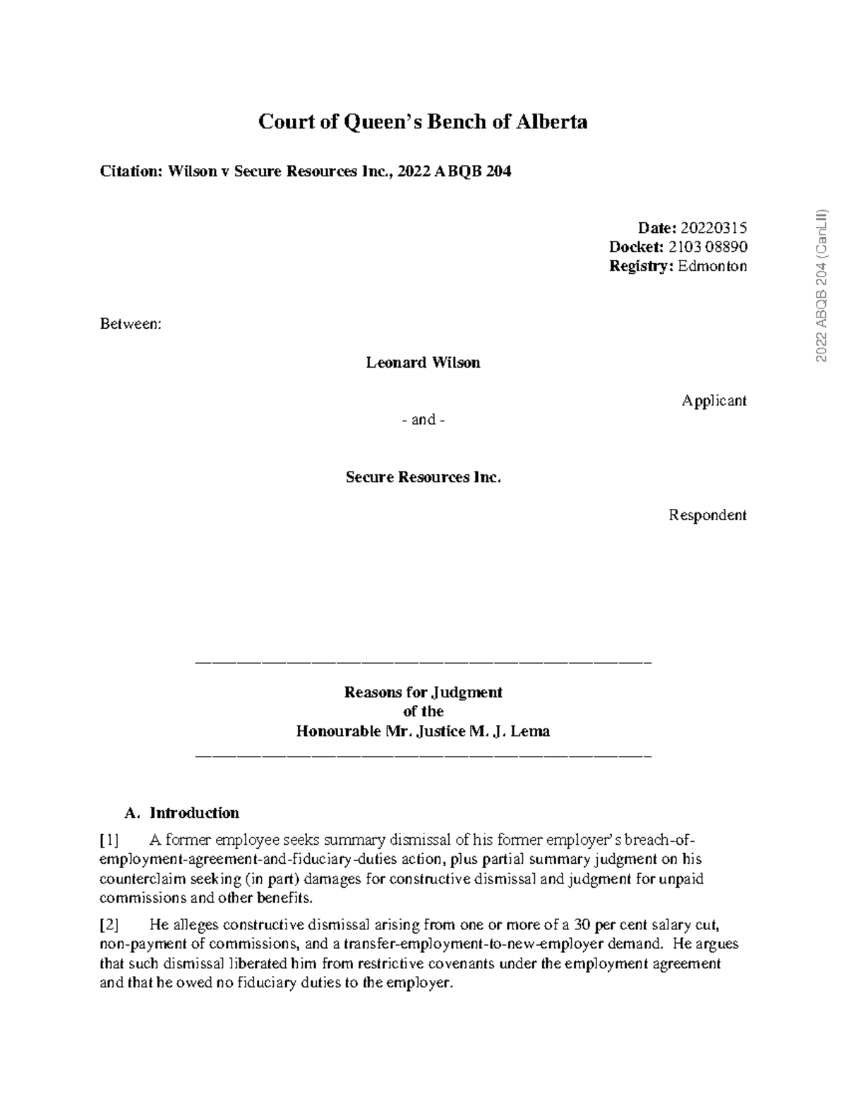 Wilson v Secure Resources Inc. - Summary Judgment Analysis (2022 ABQB ...