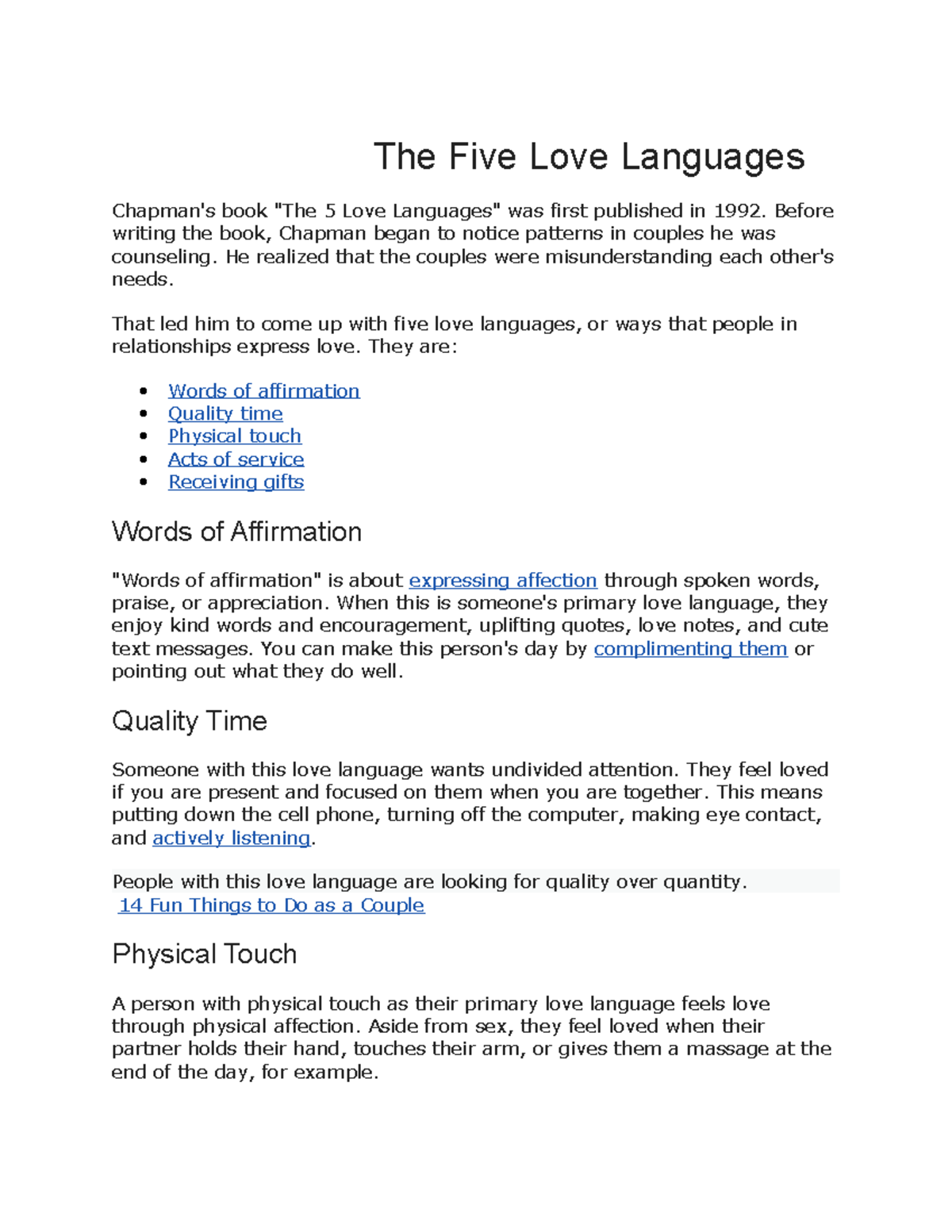 Understanding the 5 Love Languages: Insights from Chapman's Book - Studocu