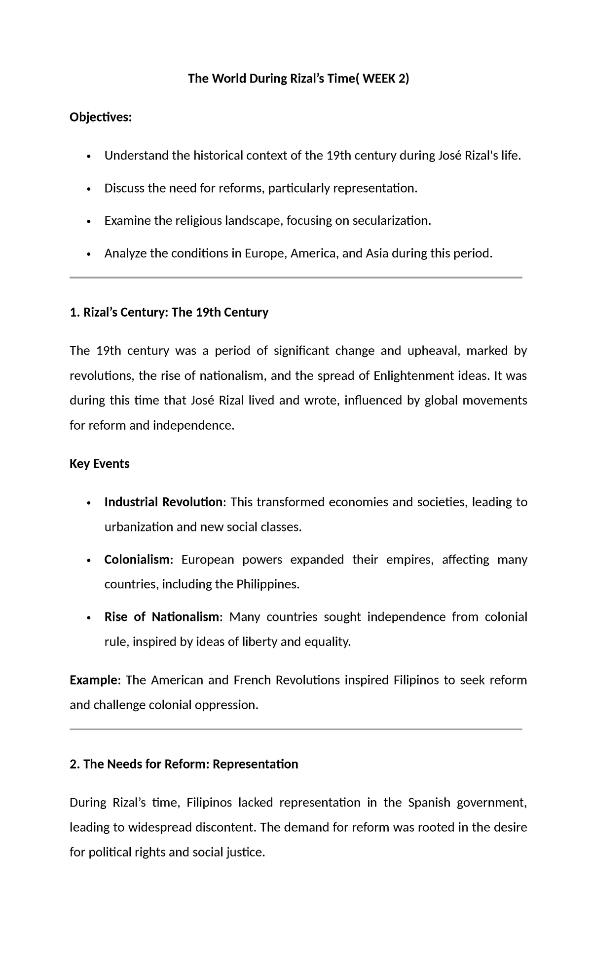 WEEK 2 UNIT 1: The World During Rizal's Time and Reforms - Studocu