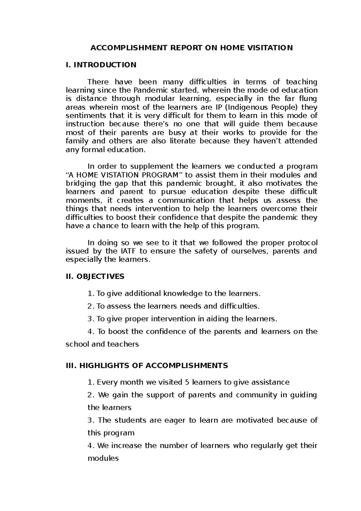 Home Visitation Program Accomplishment Report: Bridging Learner Gaps ...