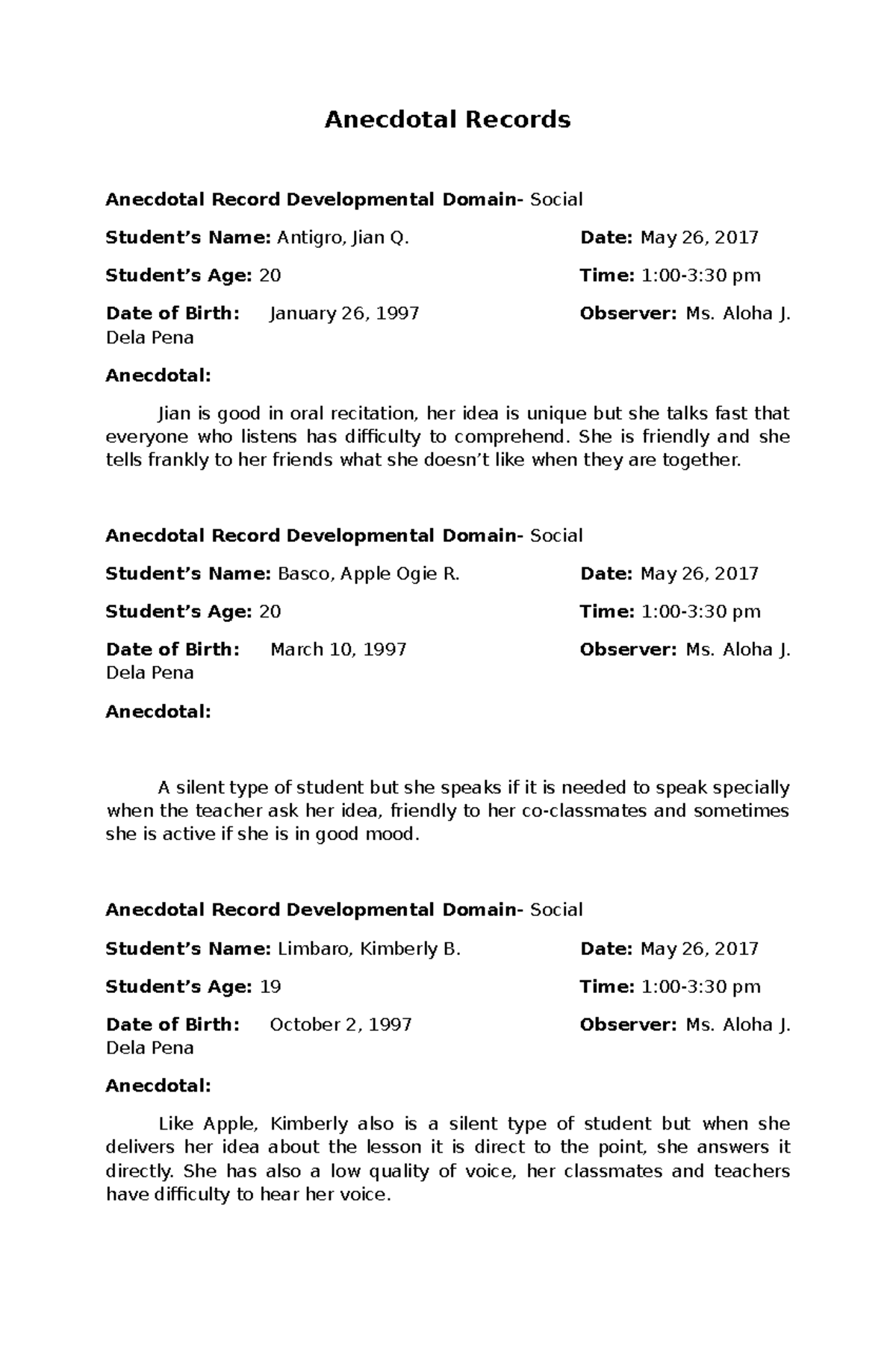 Anecdotal Records for Assessing Student Behavior and Social Skills ...