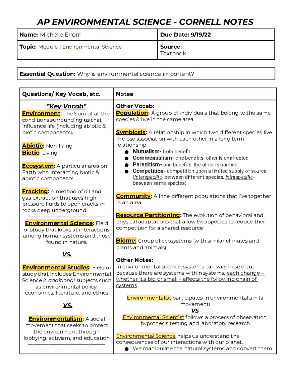AP ENVIRONMENTAL SCIENCE - Module 1 Cornell Notes & Key Ideas - Studocu