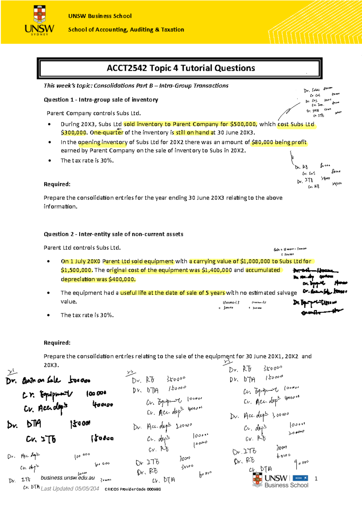 ACCT2542 Topic 4 Tutorial Questions: Intra-Group Transactions Analysis ...