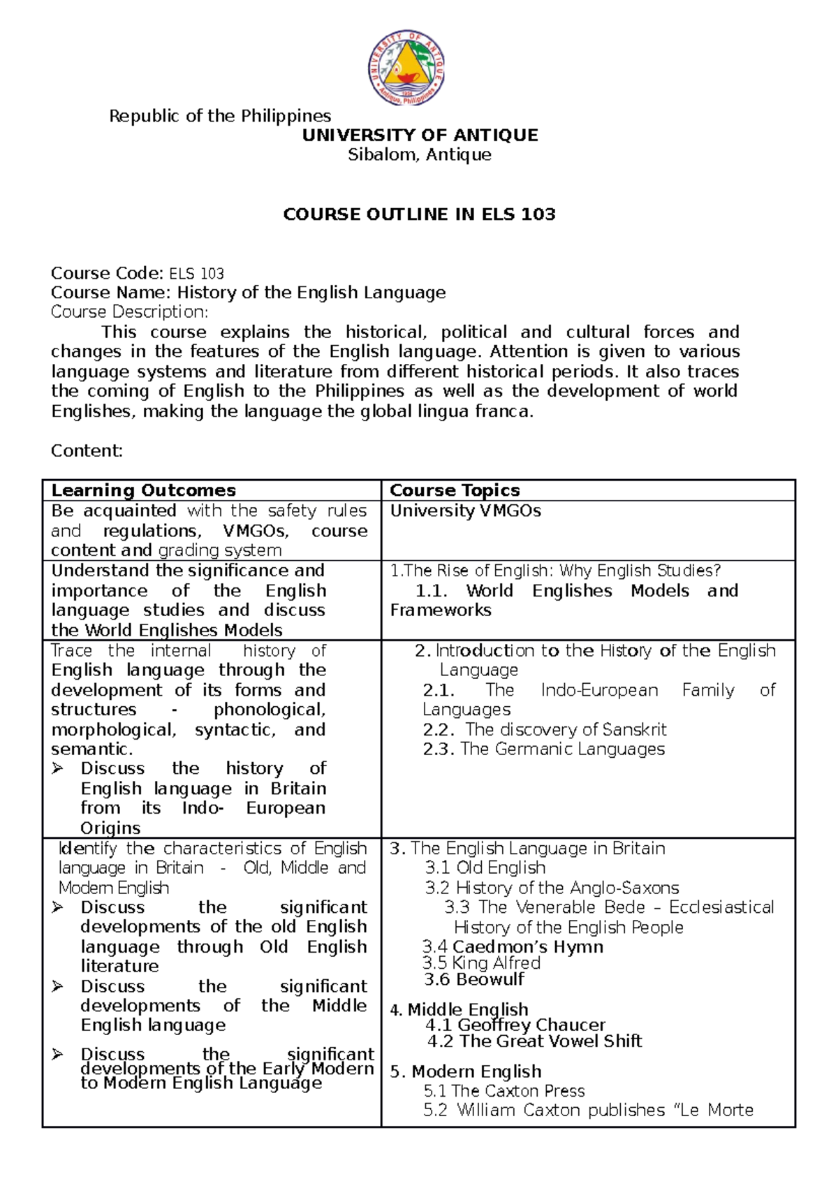 Course Outline: ELS 103 - History of the English Language Overview ...
