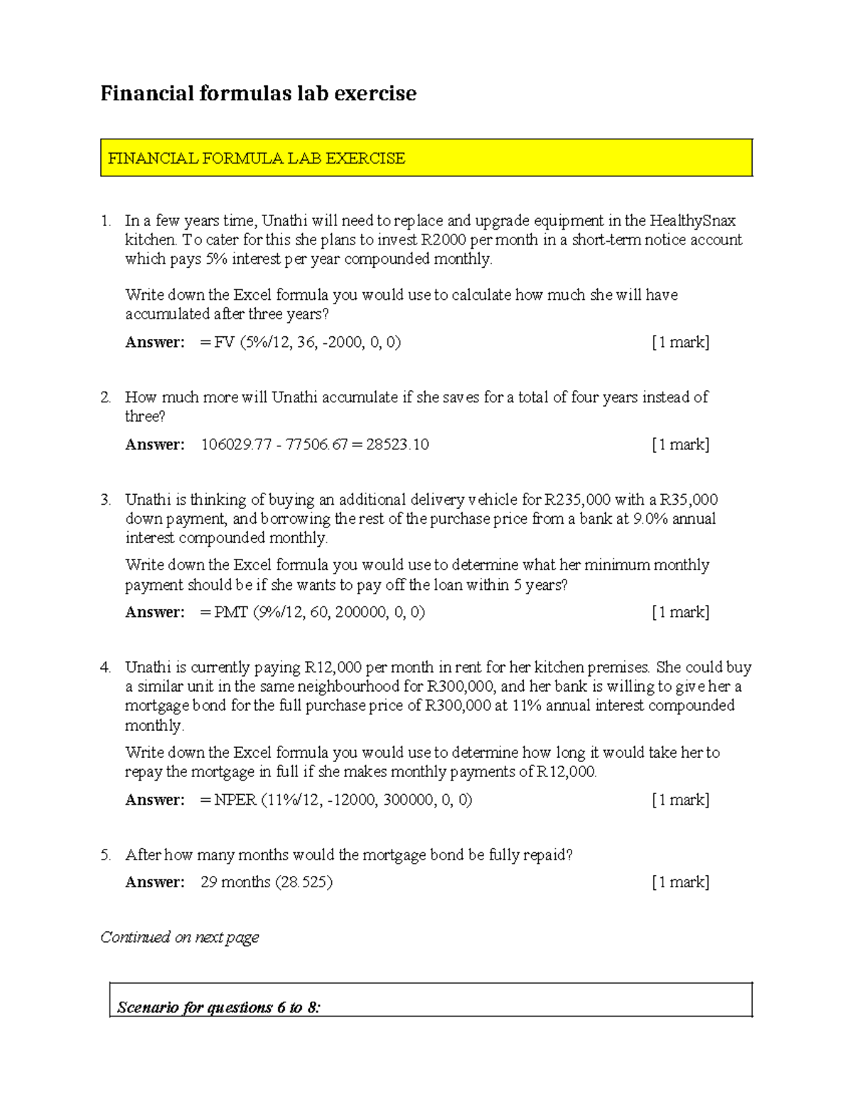 Financial Formulas Lab Exercise: Excel Calculations for FIN - Studocu
