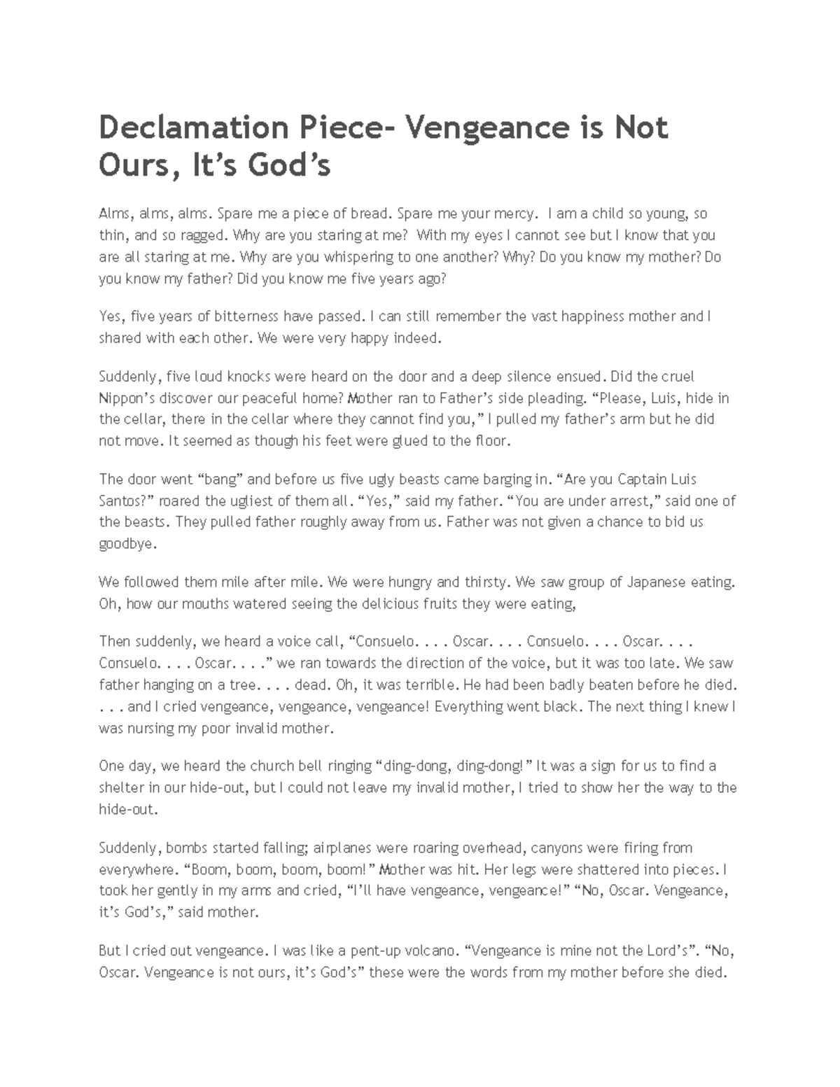 Declamation Piece: Vengeance is Not Ours, It’s God's - SDJEIOFJEKF ...