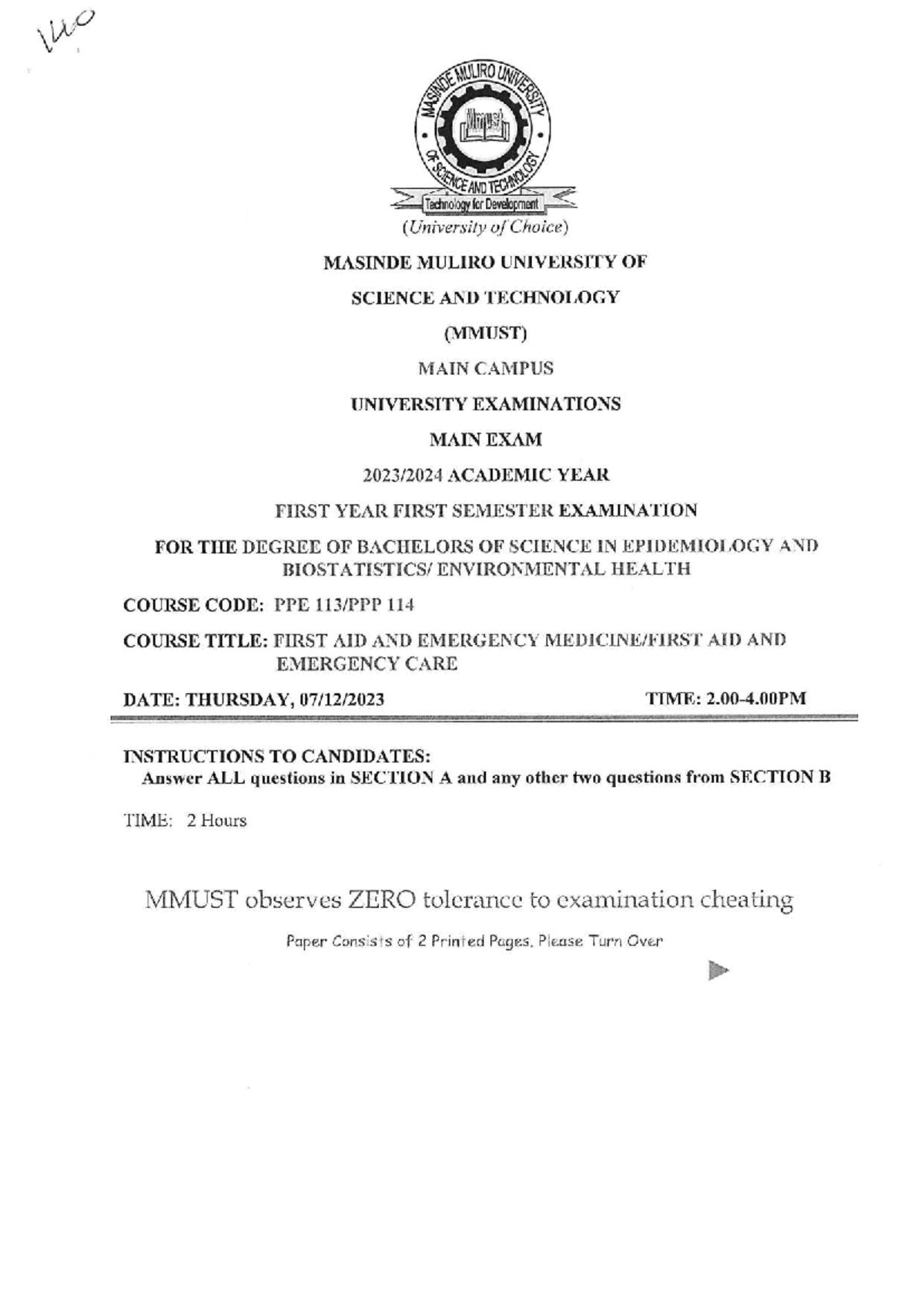 PPE 114 - First Aid & Emergency Care Exam Notes - Studocu