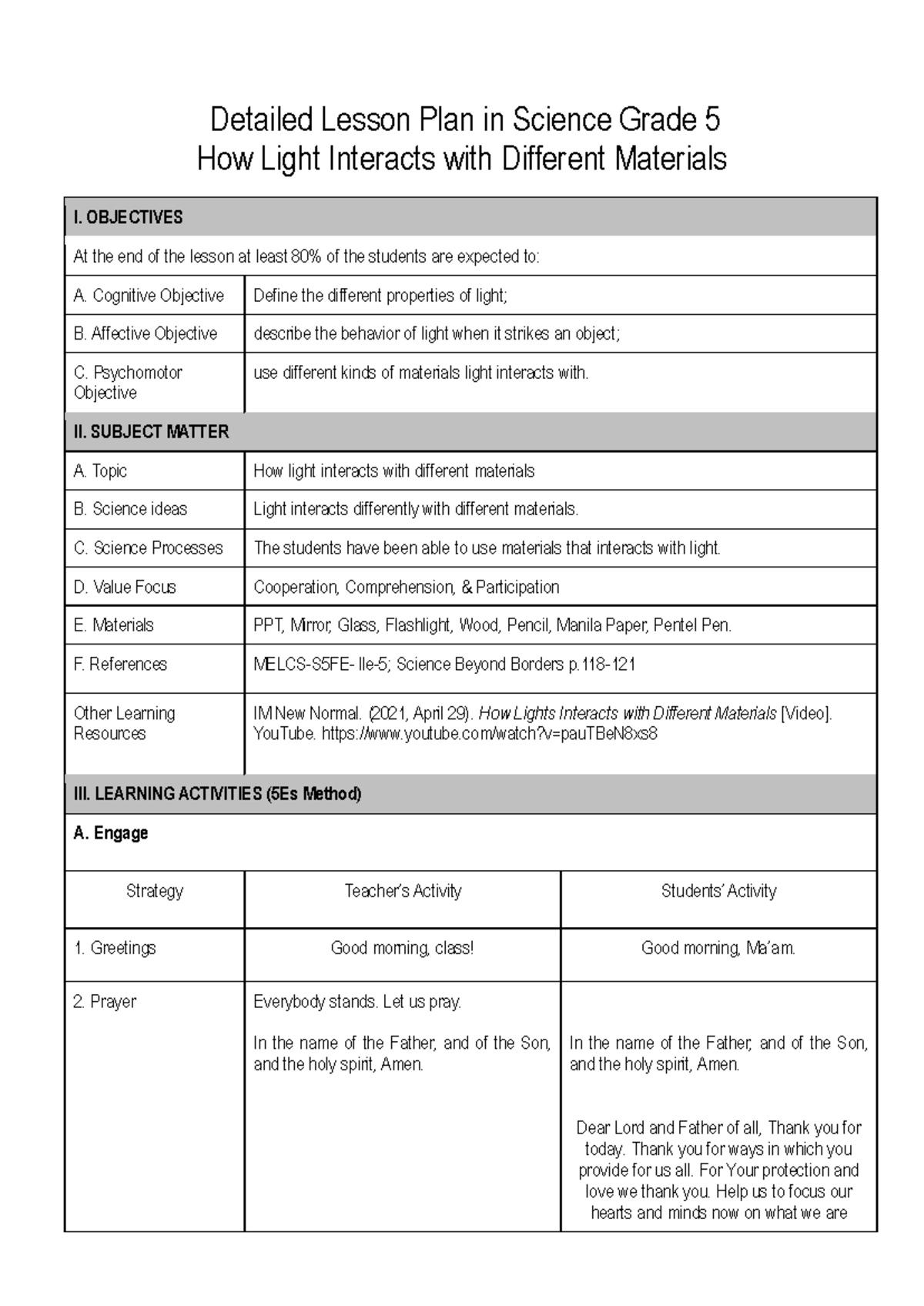 Detailed Lesson Plan: How Light Interacts with Materials - Sci 5 - Studocu