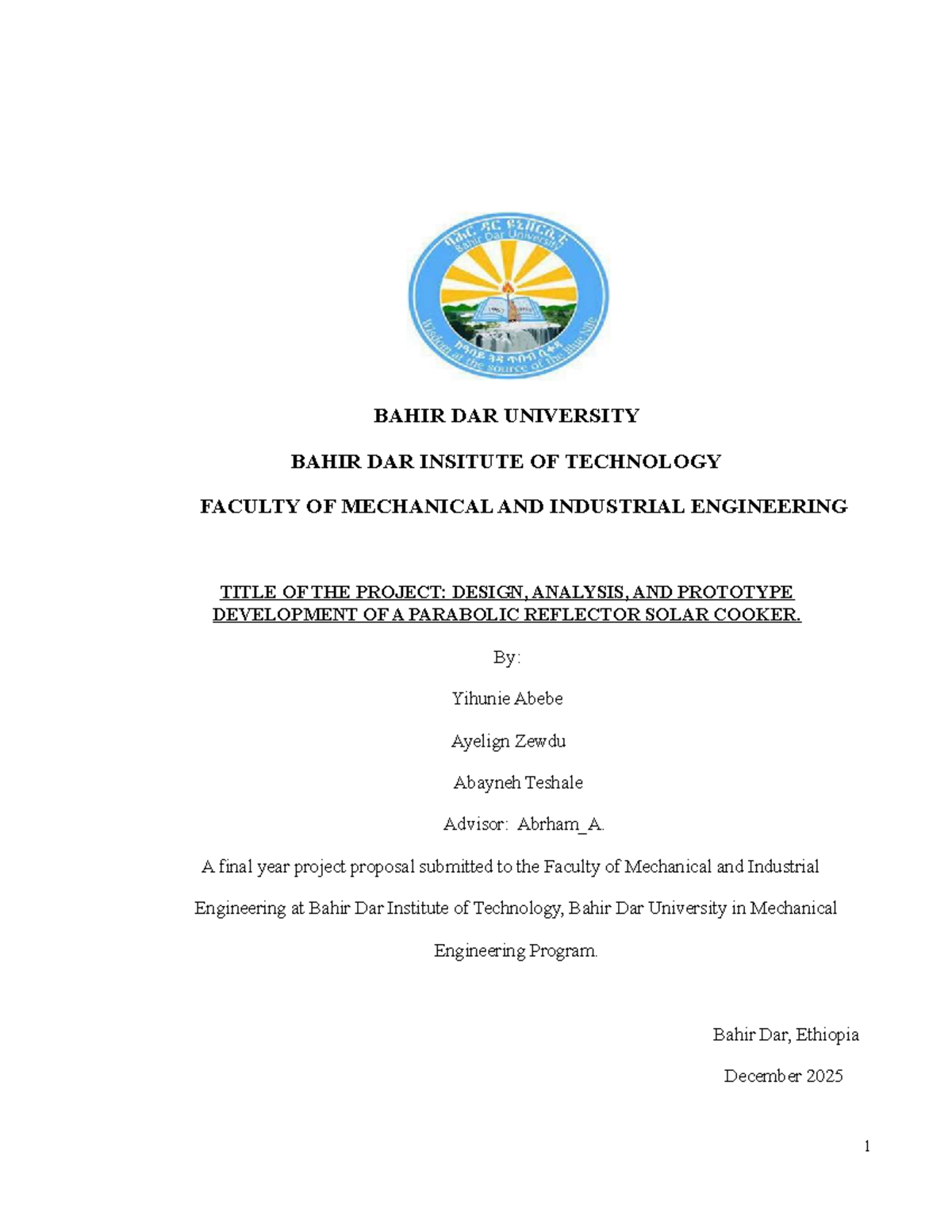 Final Year Project Proposal: Design & Analysis of Parabolic Reflector ...