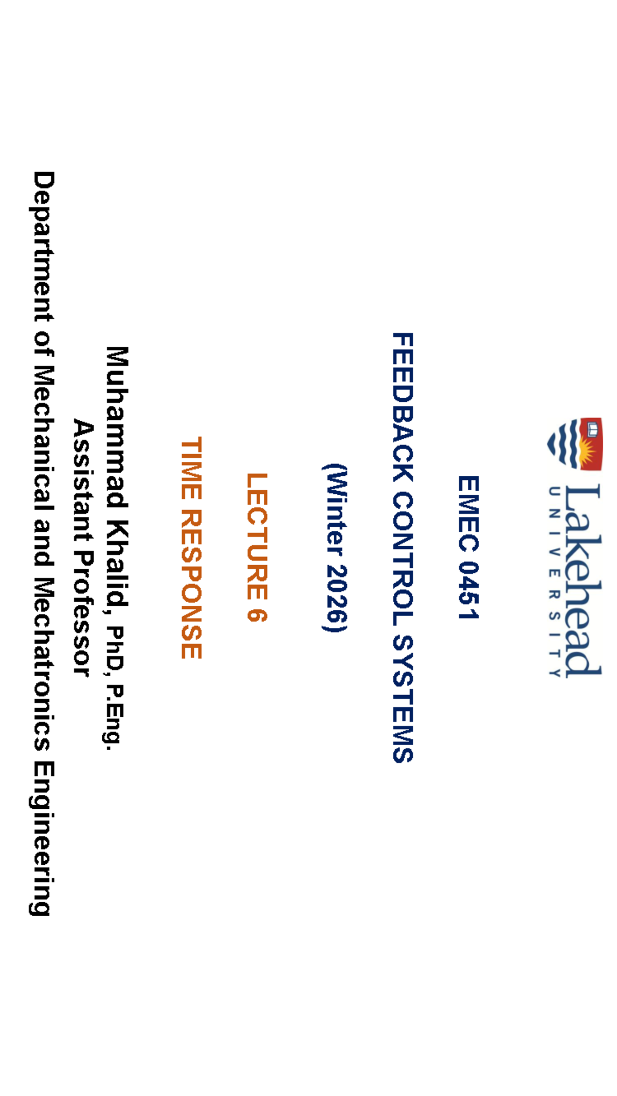 EMEC 0451 LECTURE 6: Time Response in Feedback Control Systems - Studocu