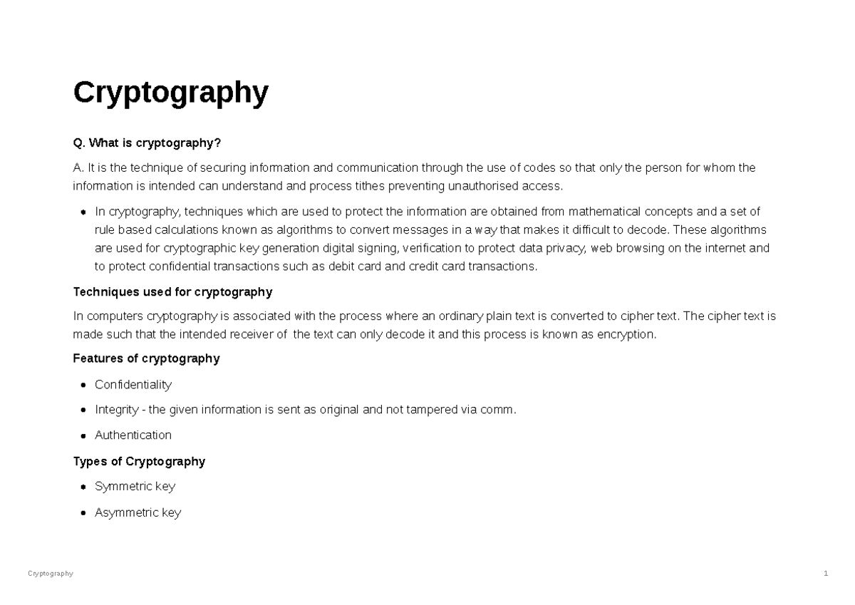 Cryptography Notes: Understanding Techniques & Types - Studocu