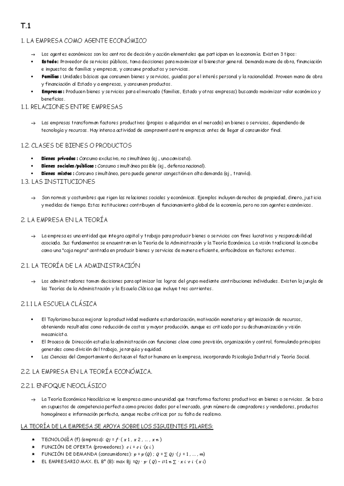 FADE Examen - Temas de repaso - T. 1. LA EMPRESA COMO AGENTE ECONÓMICO ...