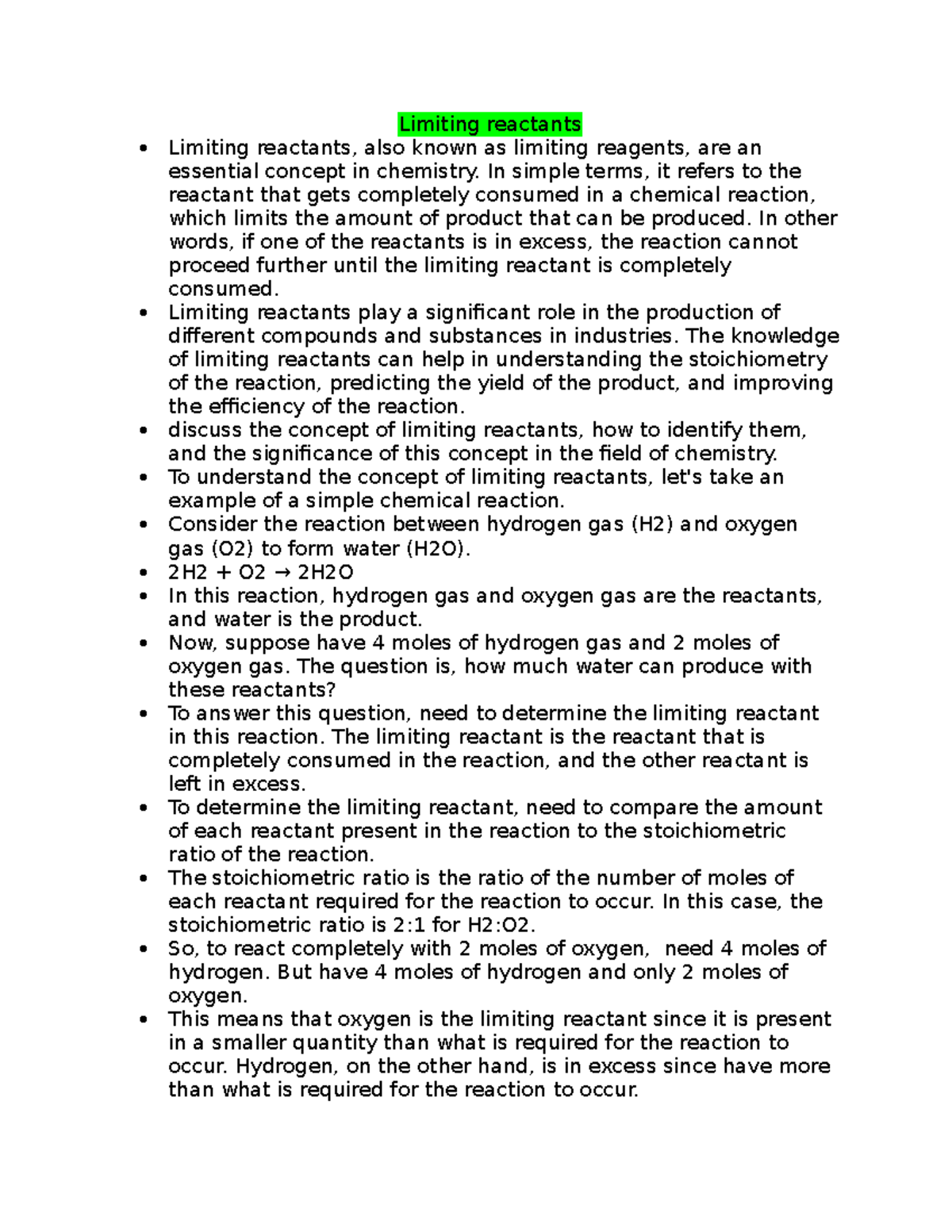 Limiting Reactants In Simple Terms It Refers To The Reactant That 5554