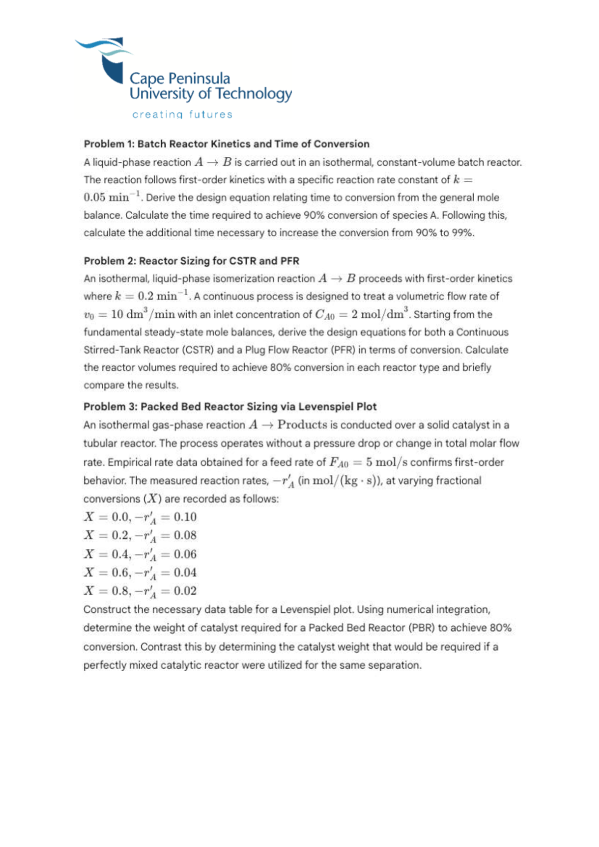 Reactor Sizing and Kinetics Analysis for CPUT CHEM 101 - Studocu
