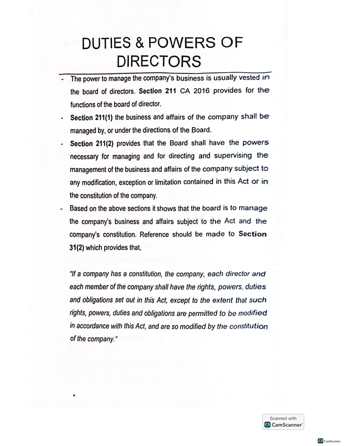 DUTIES AND POWERS OF DIRECTORS IN LAW 485: A COMPREHENSIVE GUIDE - Studocu