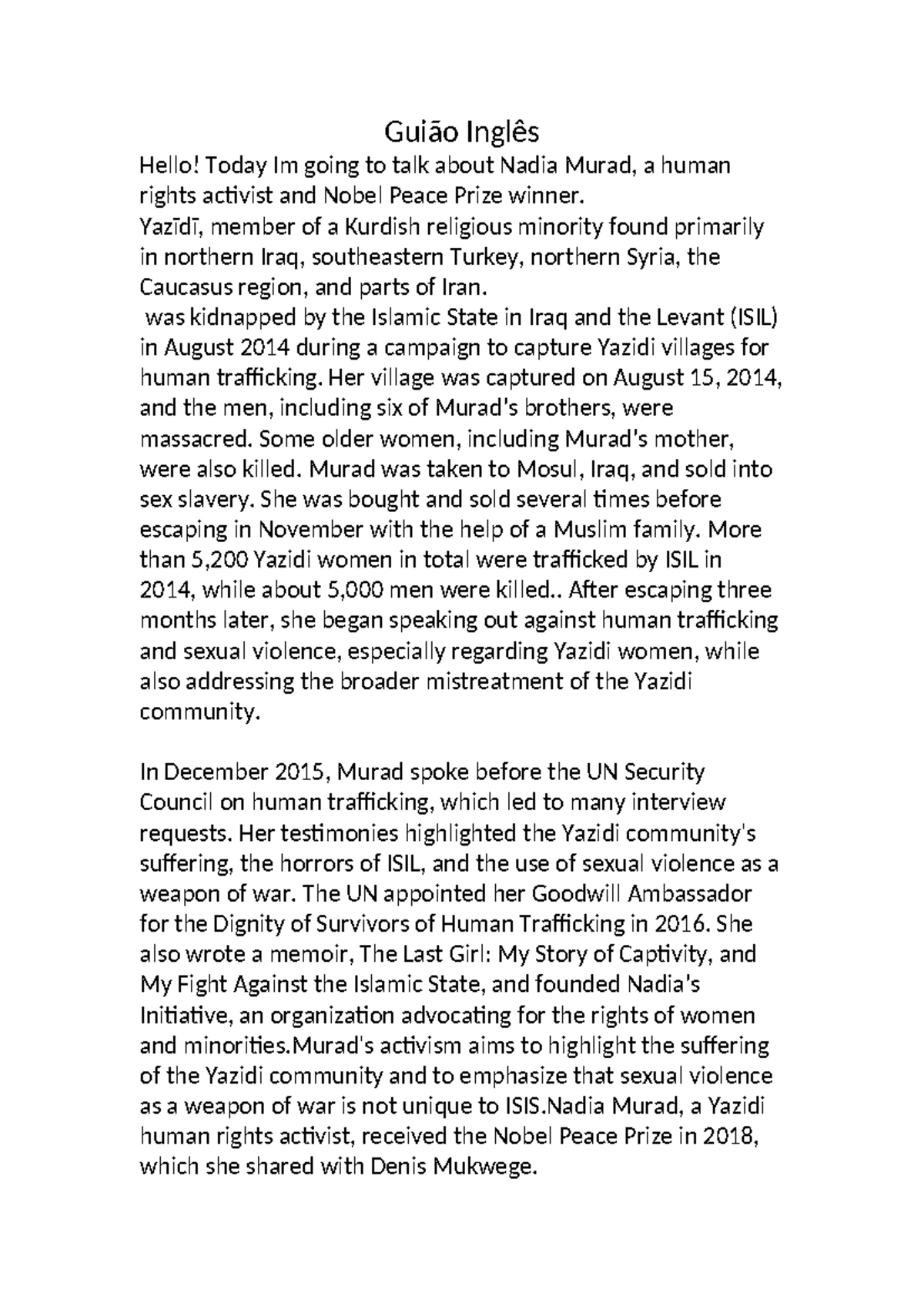 Nadia Murad: Human Rights Activism & Nobel Peace Prize Insights - Studocu